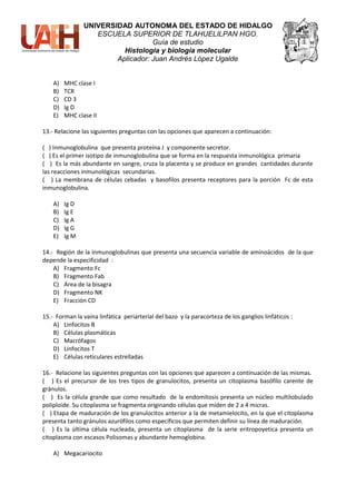 Guia de estudio de histologia 2do parcial (sangre, circulatorio, piel ...