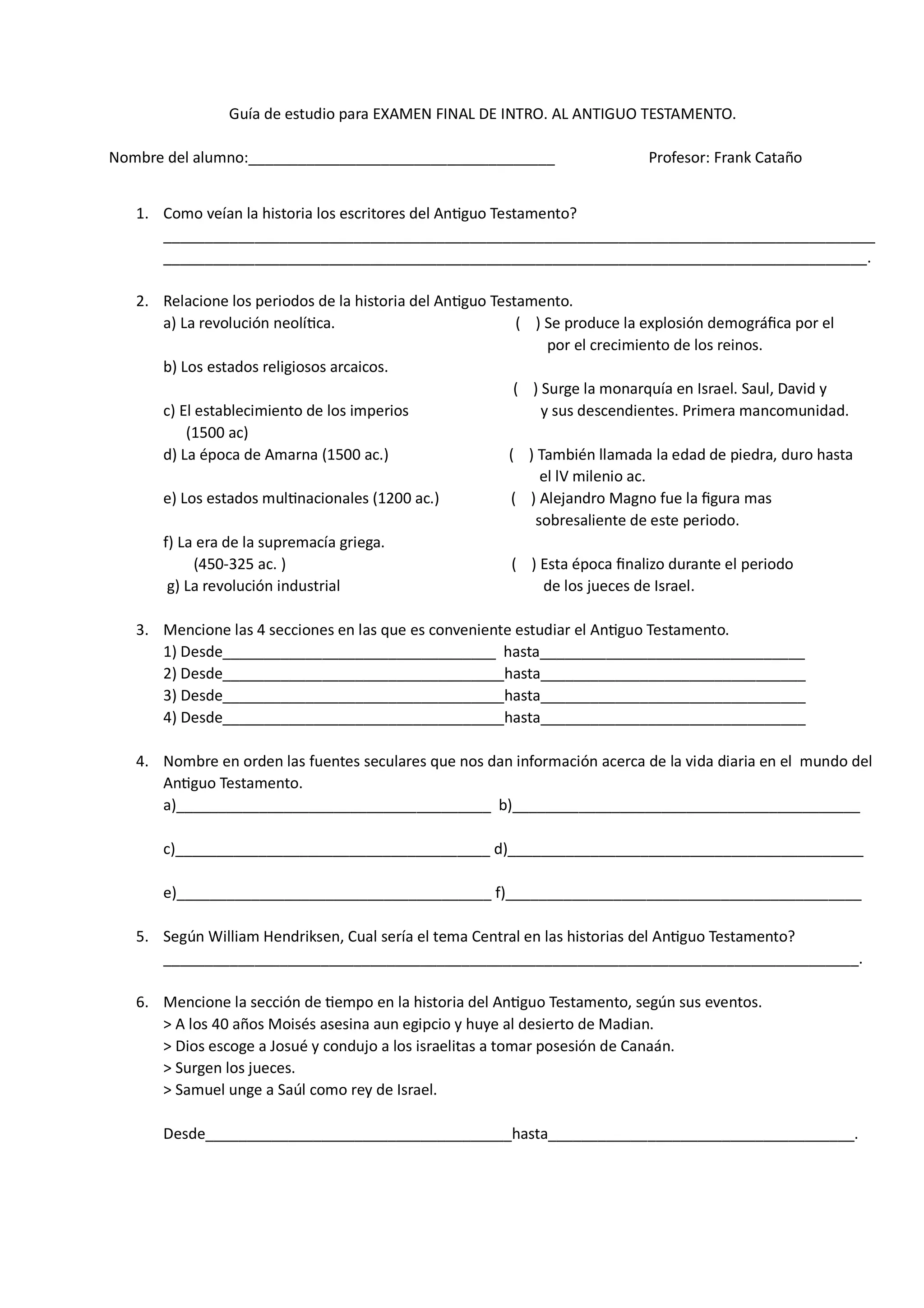 Guia de estudio para examen final de intro al antiguo testamento | PDF
