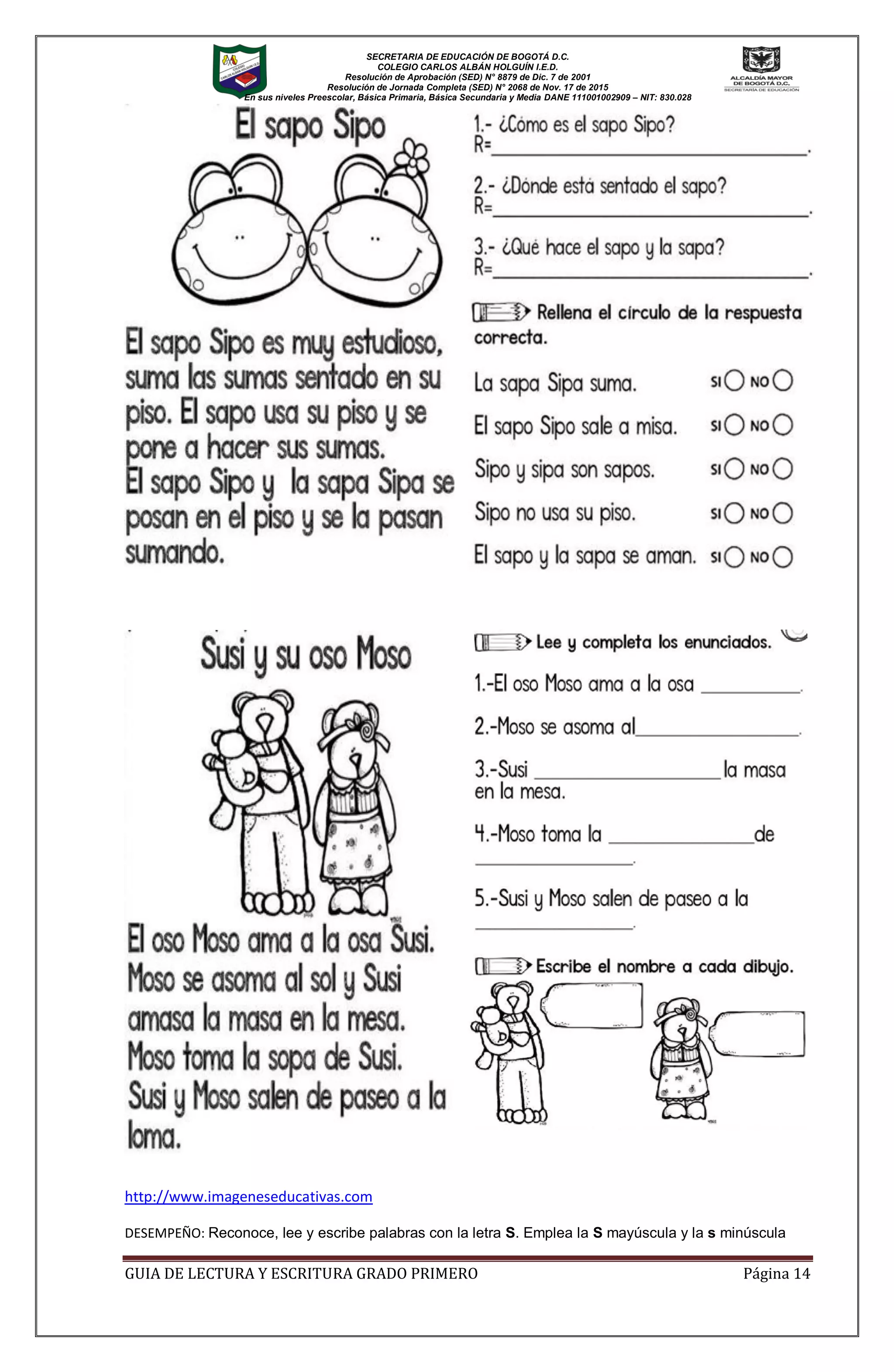 Guia de lectura y escritura grado primero | PDF