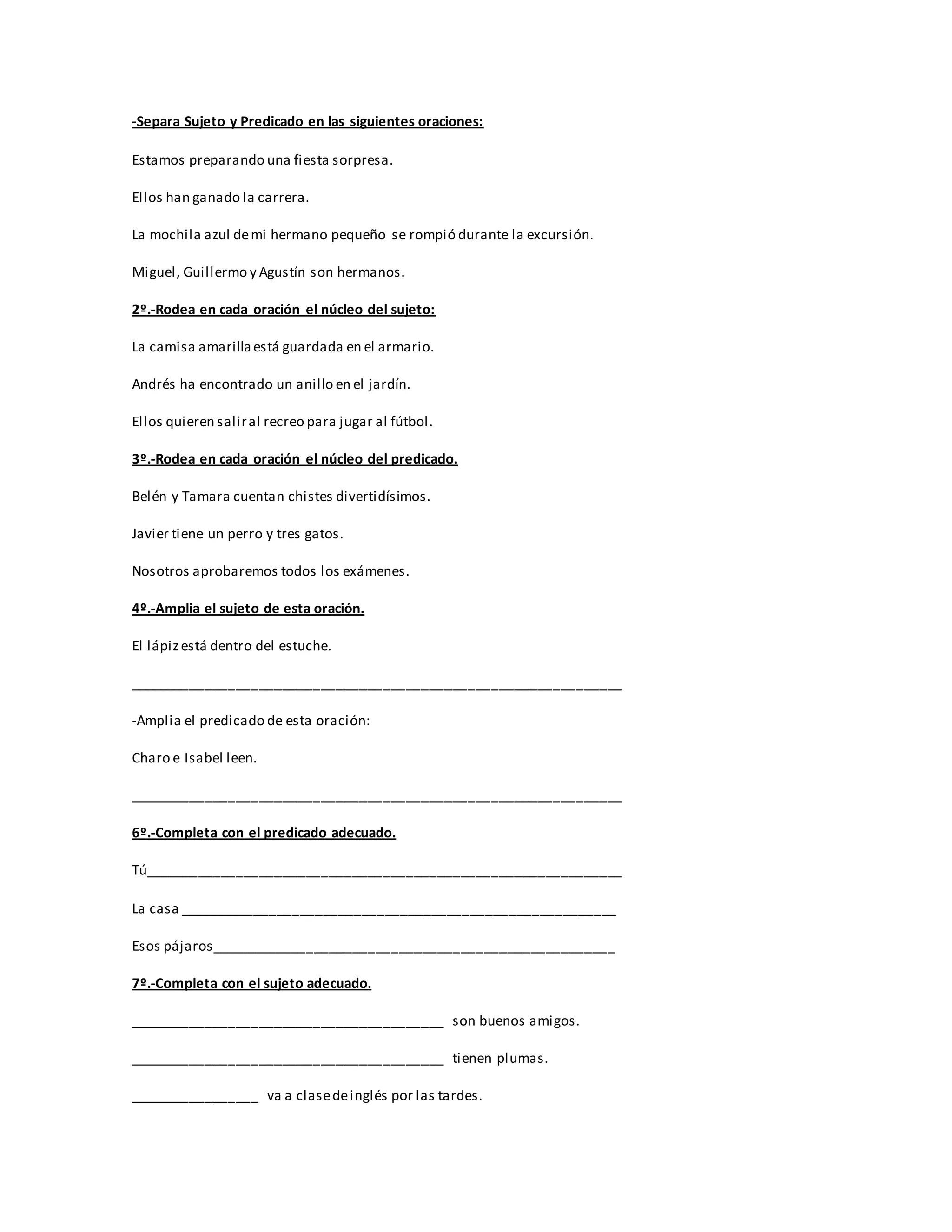 Guia de sujeto y predicado. | DOCX