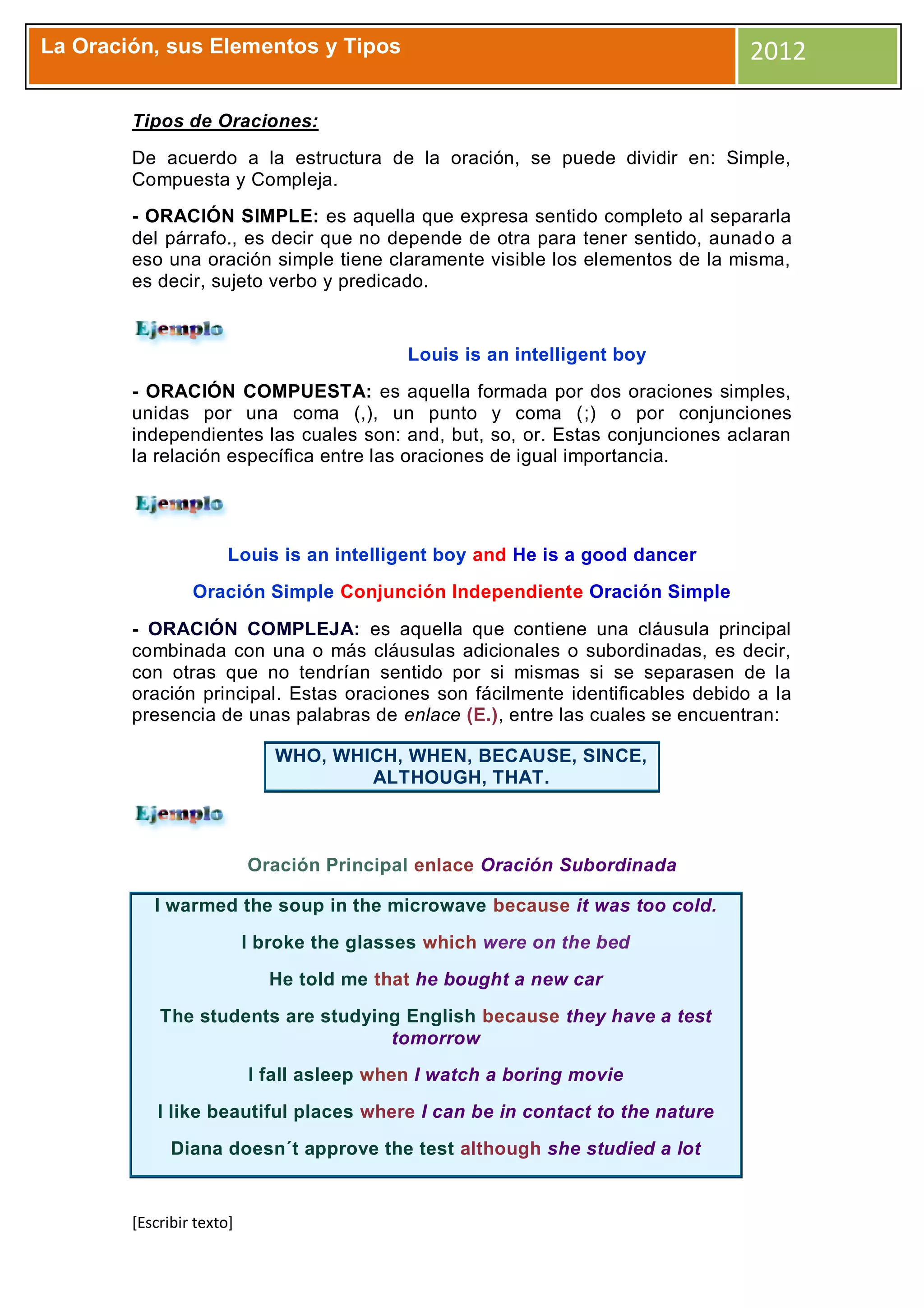 Guía de tipos de oraciones | PDF