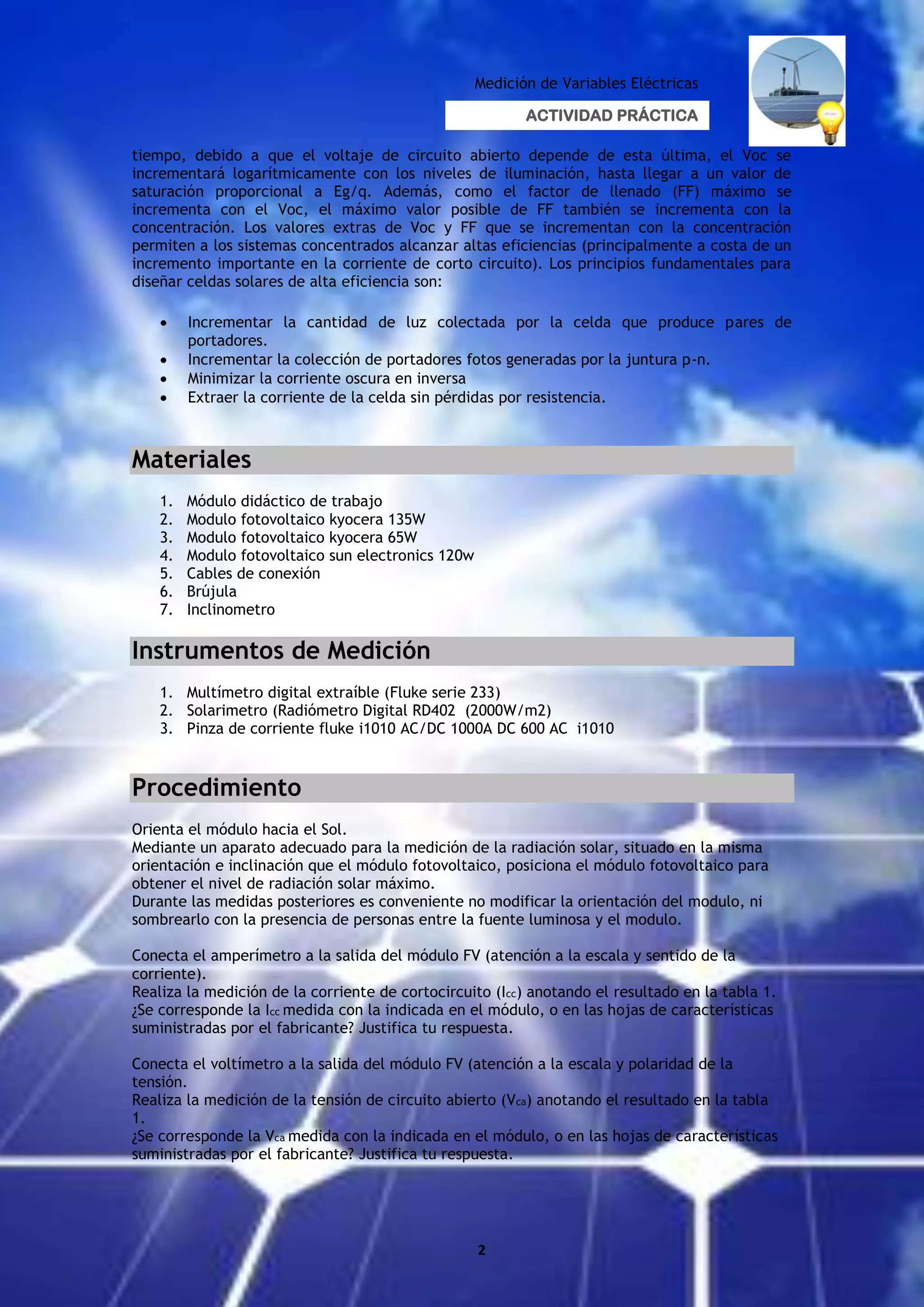 Guia de trabajo 1, parametros de las celdas solares | PDF