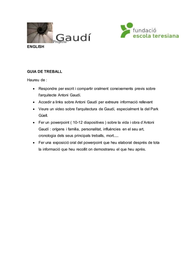 Guia de treball projecte gaudí english 2016-17 | PDF