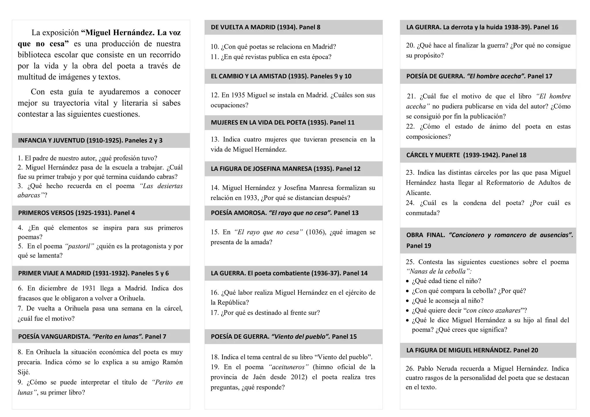 Guía Didáctica Exposición Miguel Hernández. Primer ciclo ESO | PDF