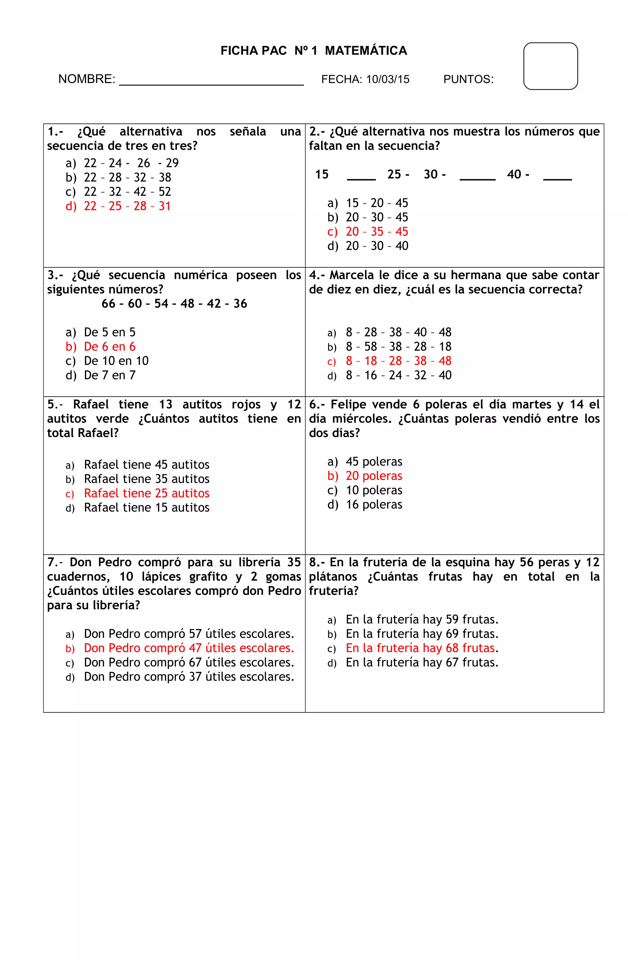Guia evaluada de matematicas segundo basico | DOC