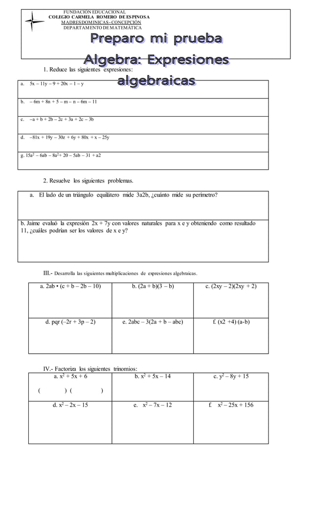 Guia expresiones algebraicas | PDF