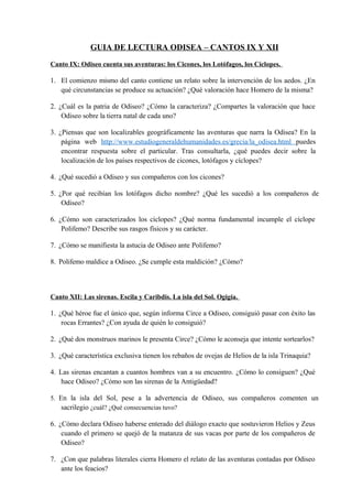 GUIA DE LECTURA CANTOS IX Y XII DE LA ODISEA | DOC