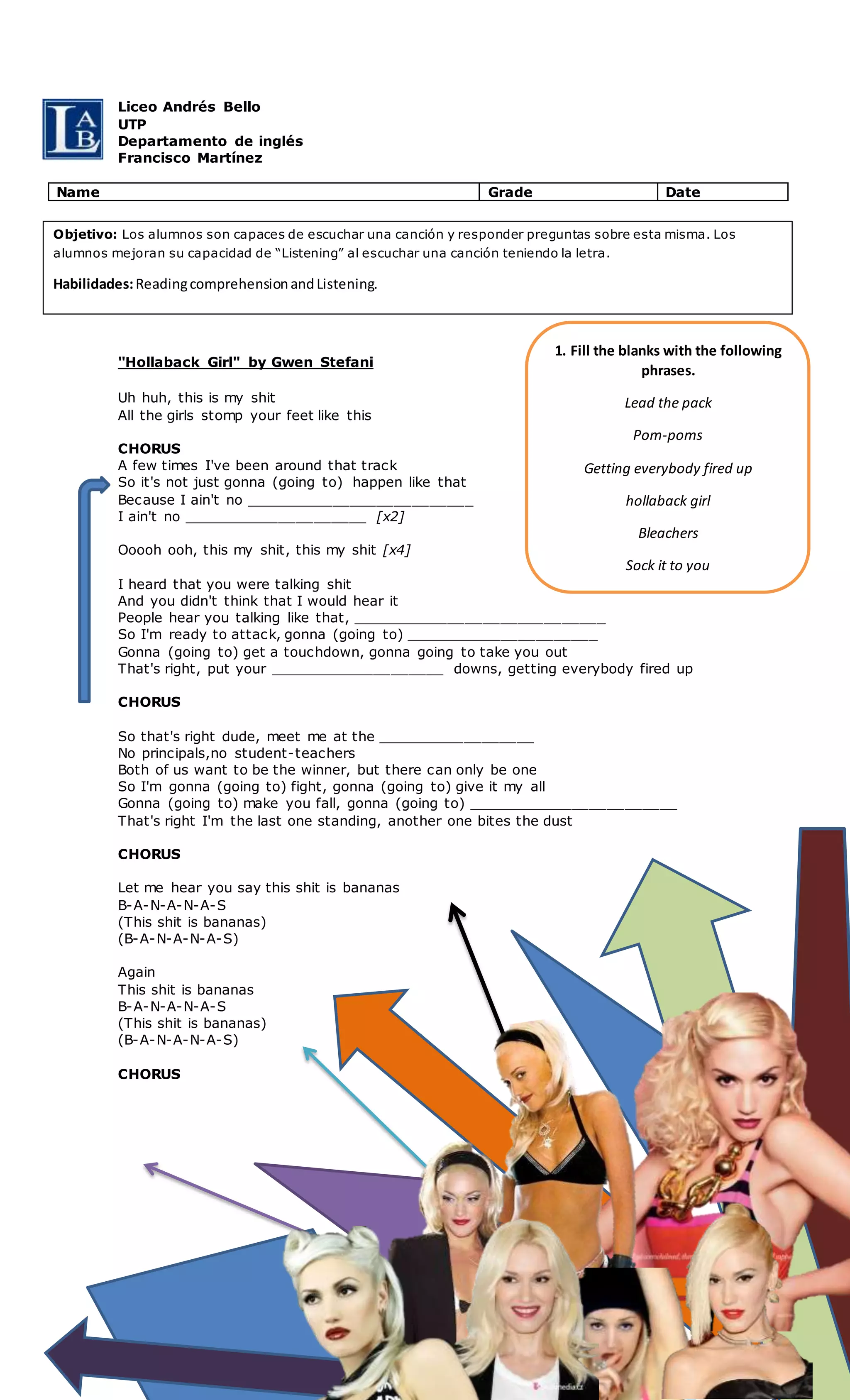 Listening introduction to "going to" "Hollaback girl" by Gwen Stefani ...