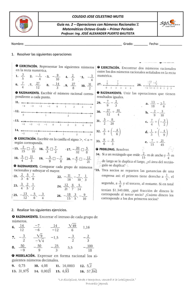Guia No 2 - 8vo grado - operaciones con números racionales | PDF