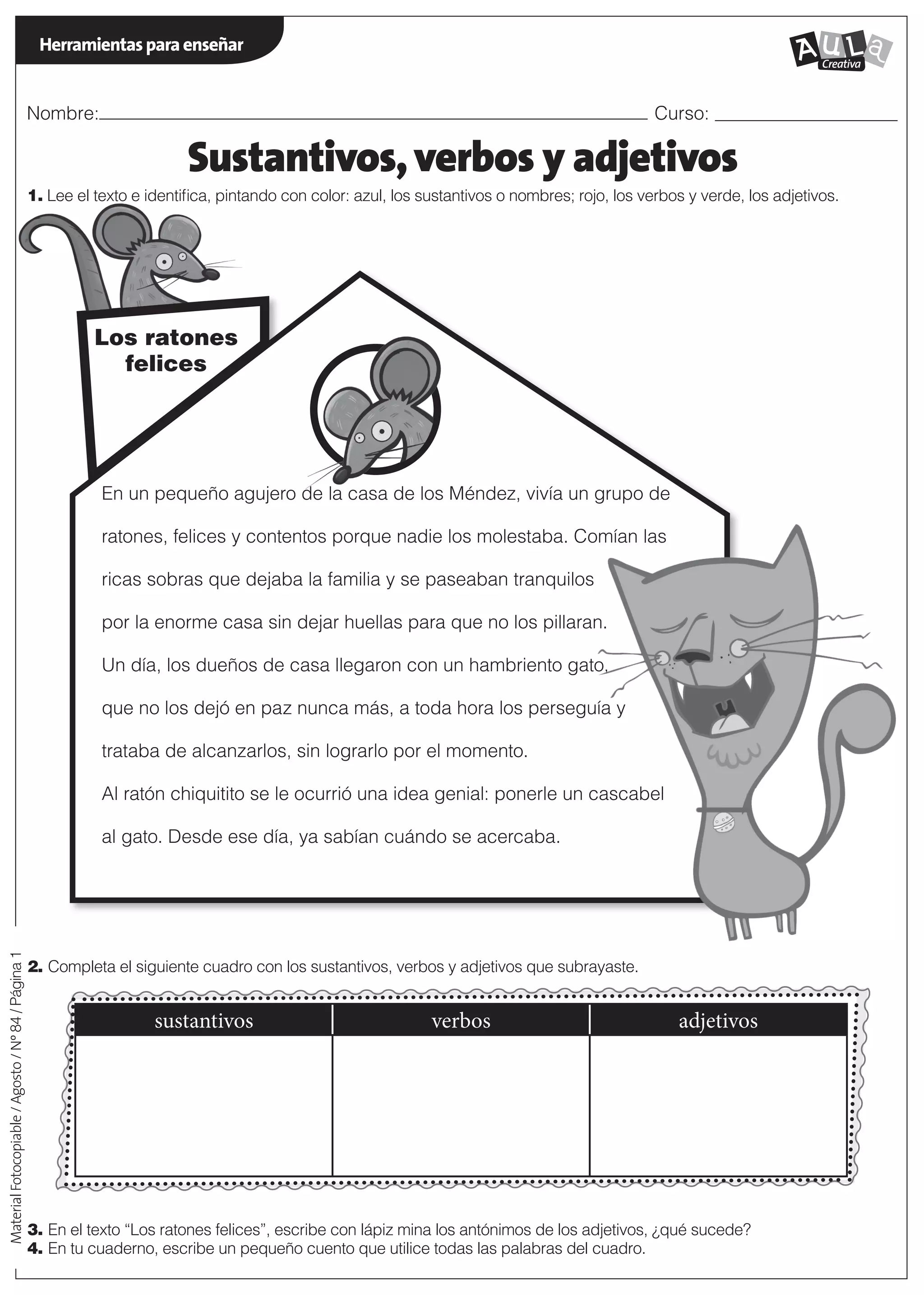Hoja De Trabajo De Verbo Sustantivo Adjetivo