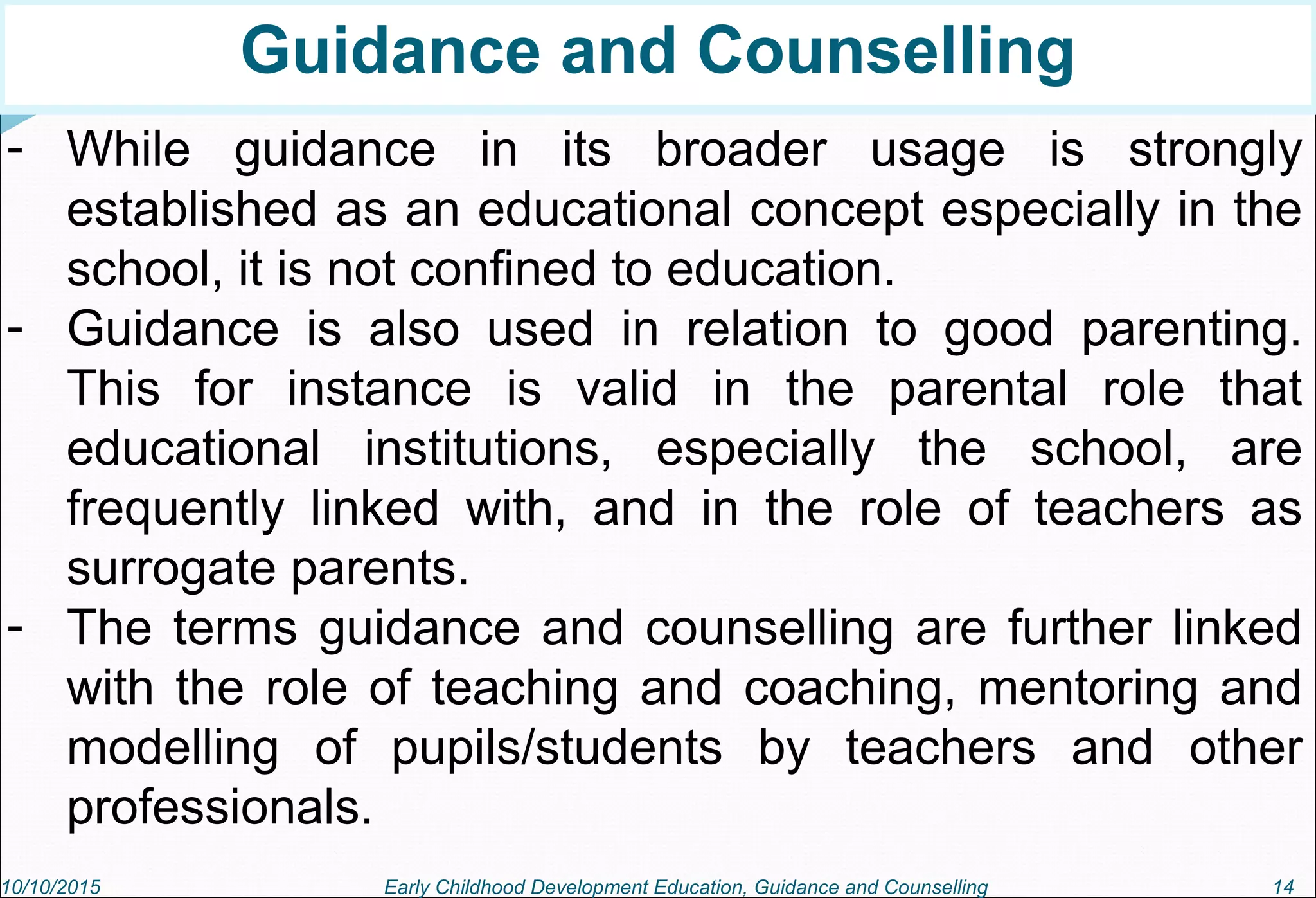 Guidance and Counselling Early Childhood Development Education | PPT