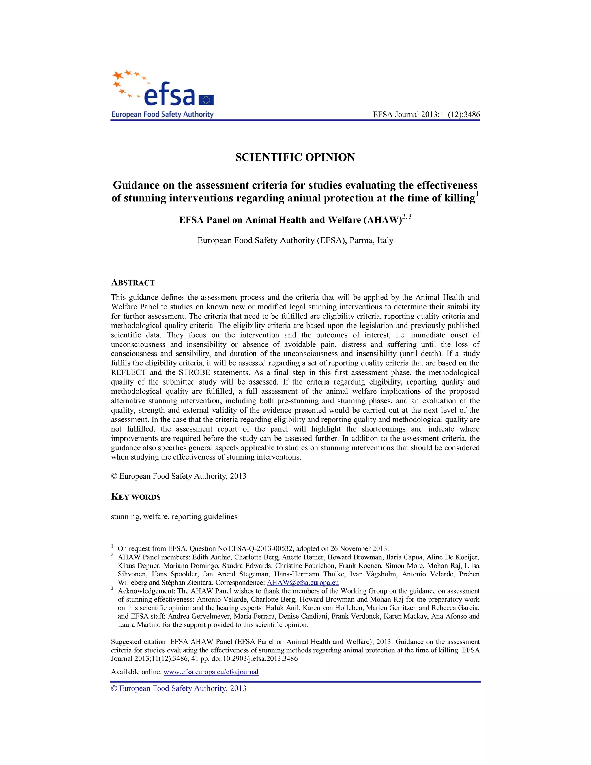 EFSA Guidance on assessment new stunning & slaughter methods | PDF