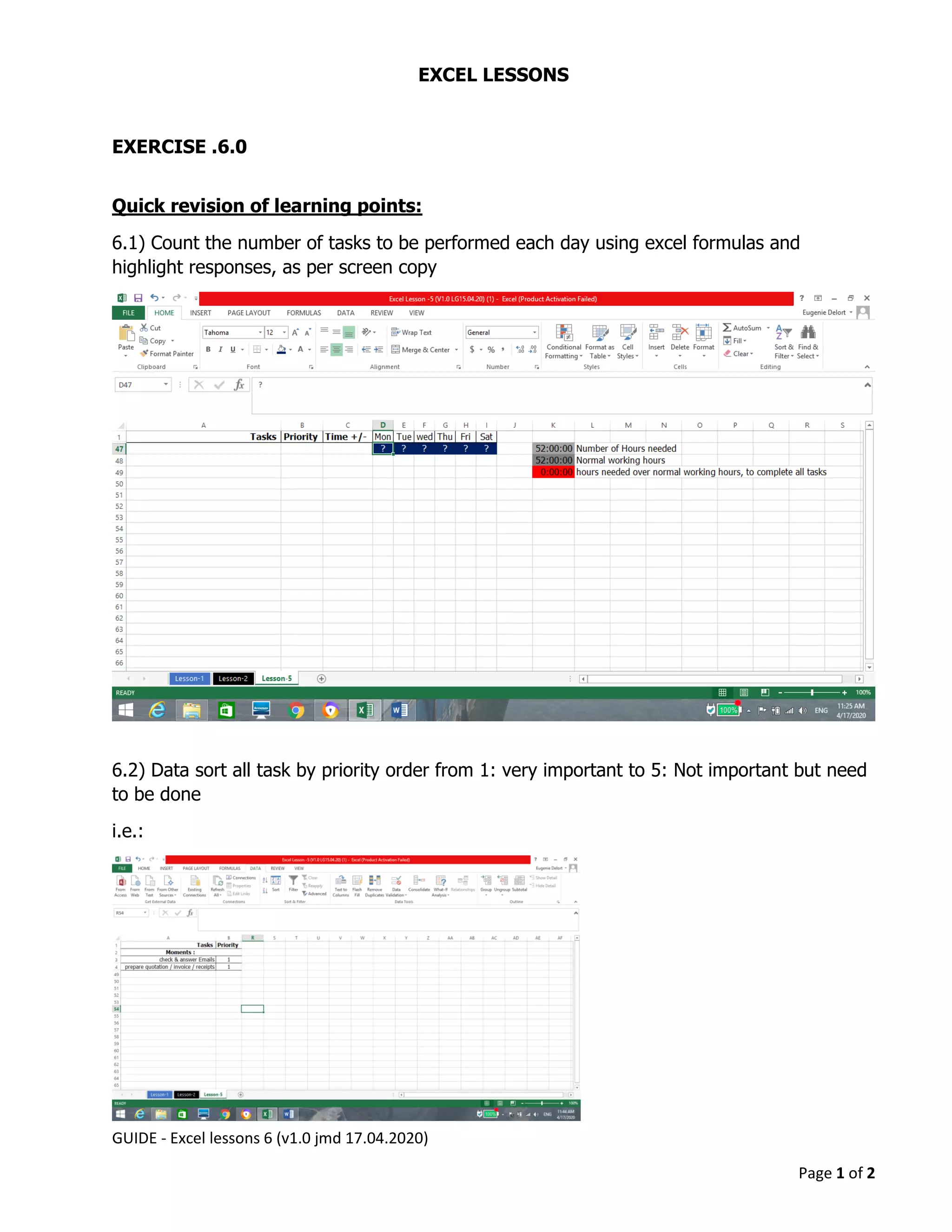 Guide excel lessons 6 (v1.0 jmd 17.04.2020) | PDF
