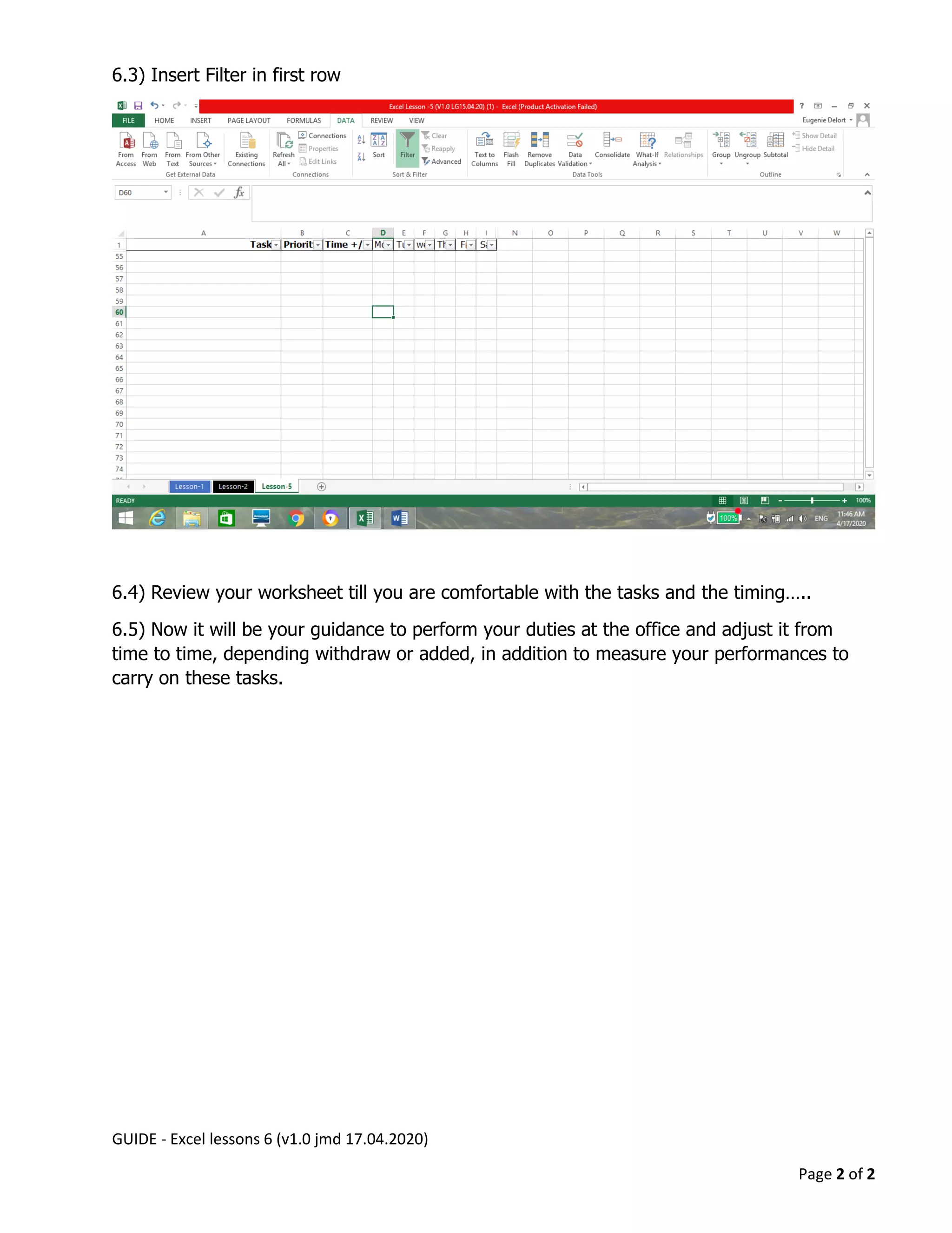 Guide excel lessons 6 (v1.0 jmd 17.04.2020) | PDF