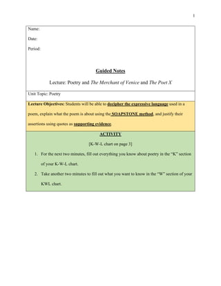 Guided Notes Lecture Poetry and The Merchant of Venice and The Poet X ...