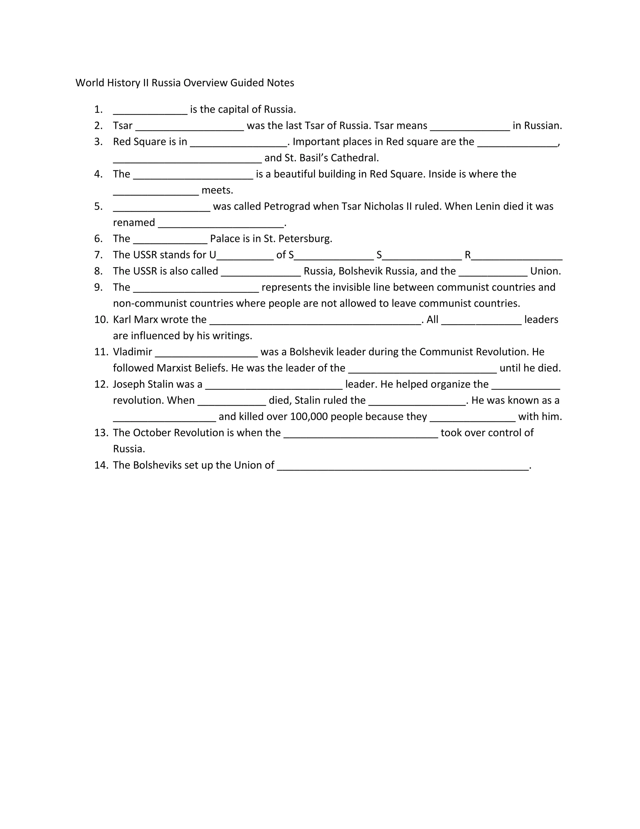 Guided notes russia overview day 1 russian revolution unit. world ...