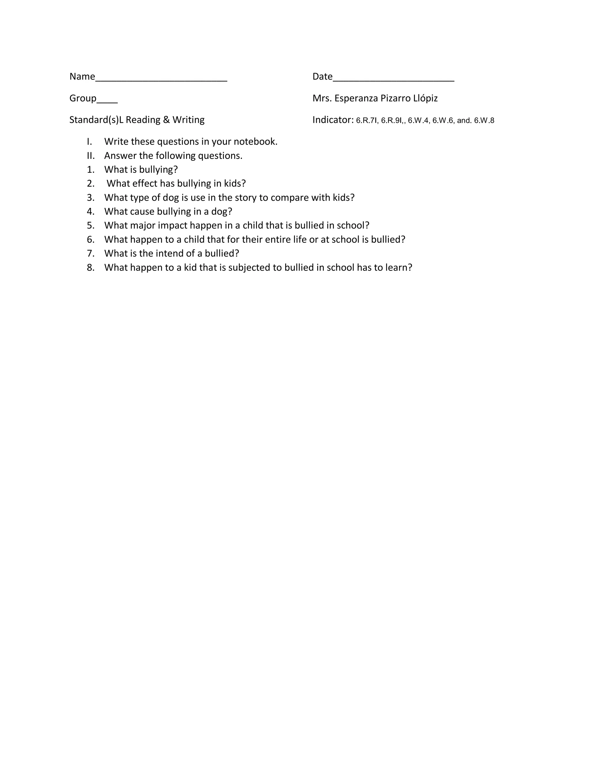 Guided questions bullying at school | PDF