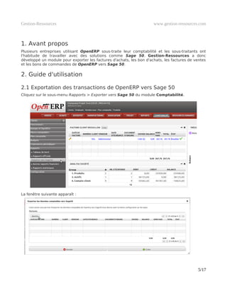 Manuel pour le module d'exportation des données comptables d'OpenERP vers Sage 50 | PDF
