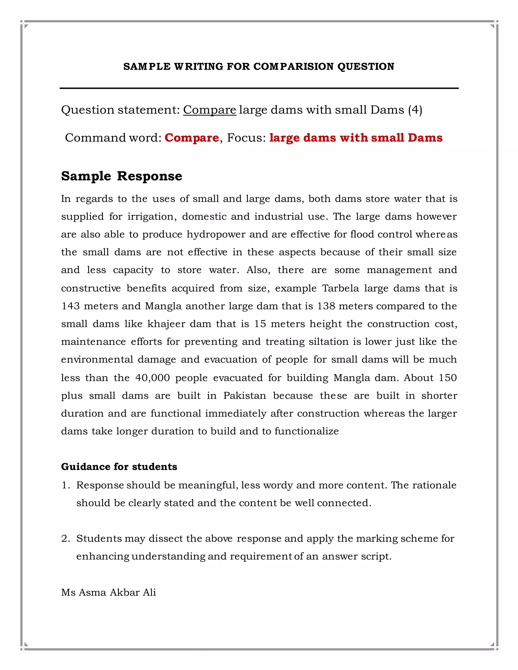 compare large dams with small dams - sample response | DOCX