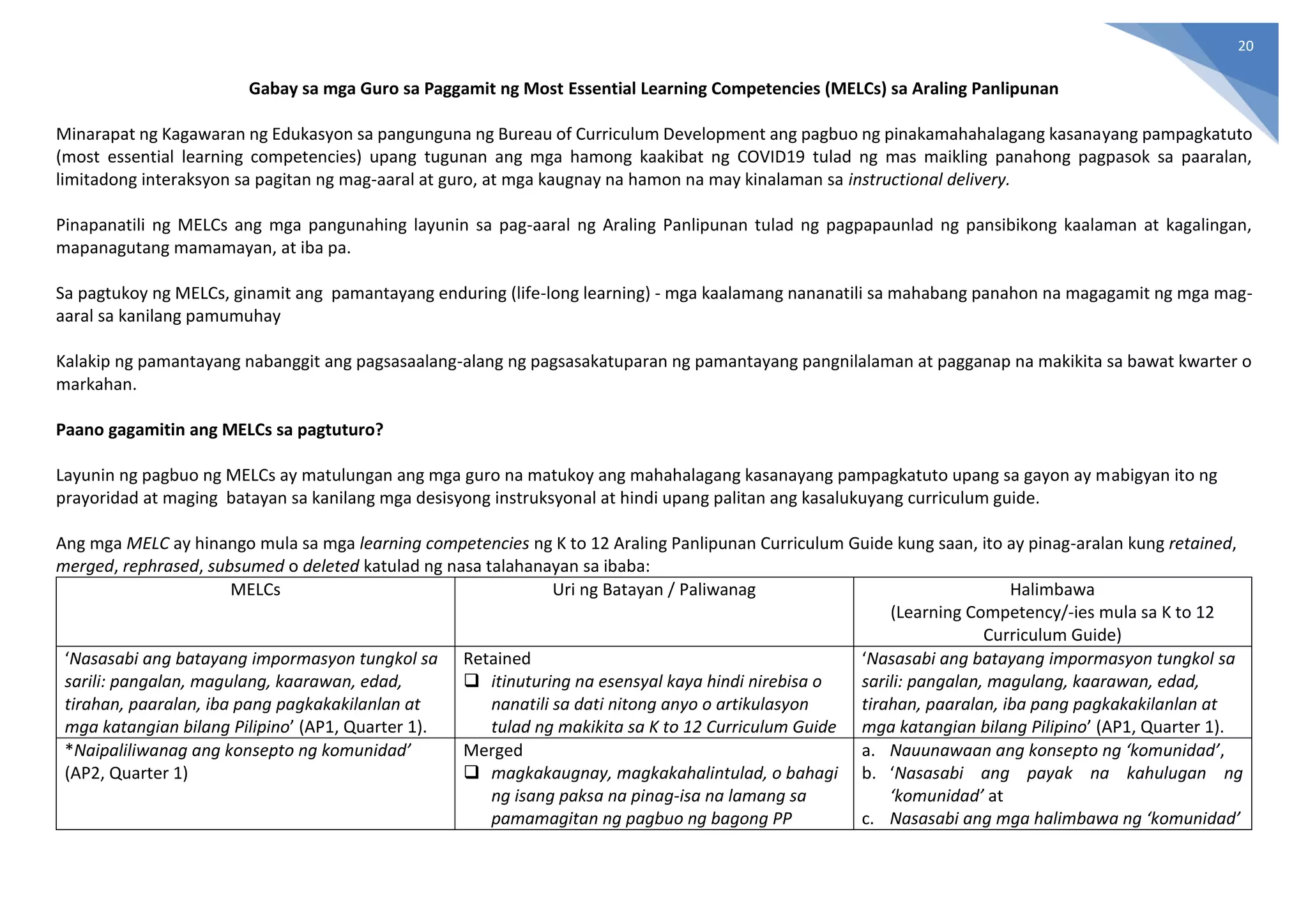 Guide for teachers in using the mel cs in araling panlipunan | PDF