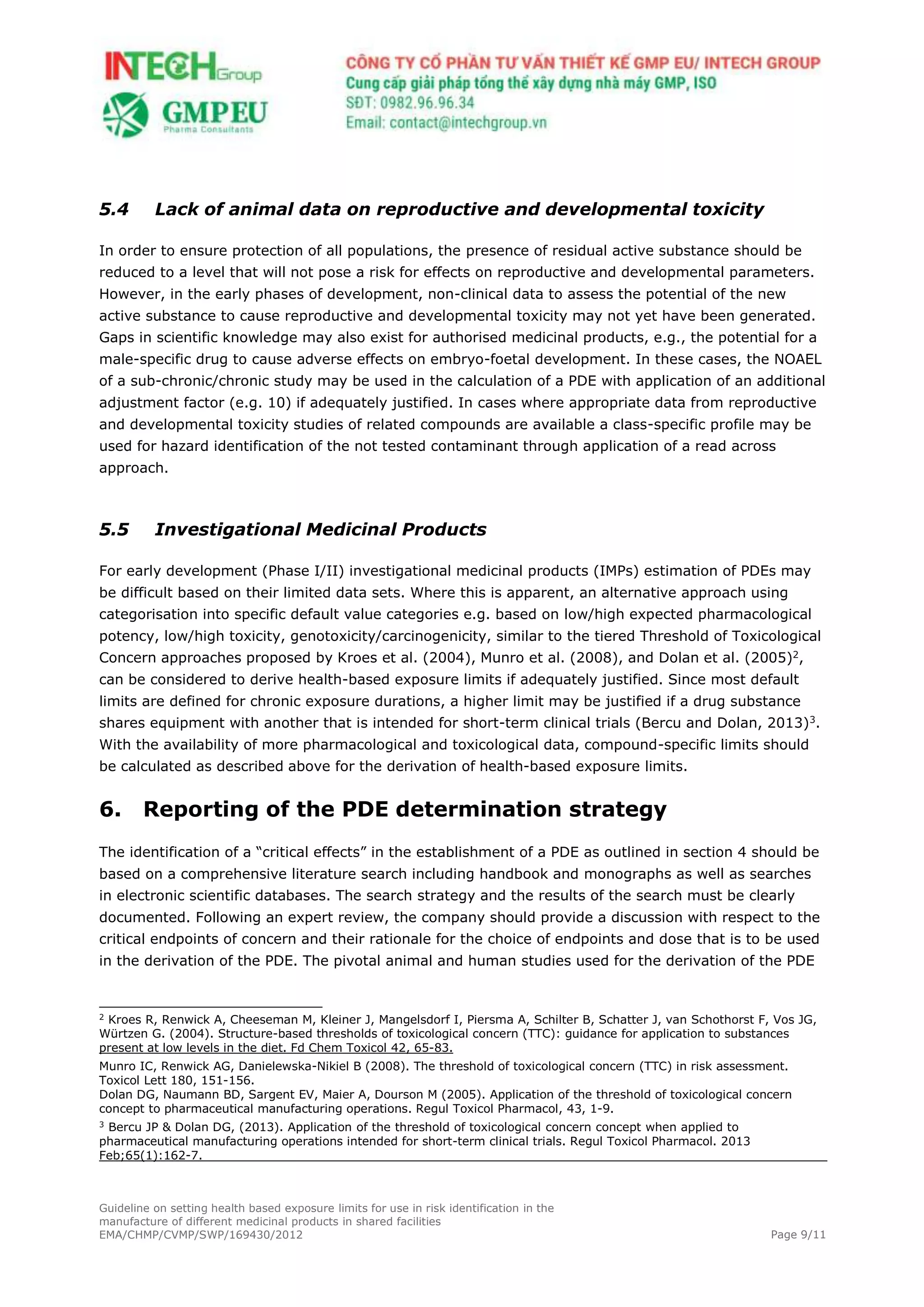Guideline on setting health based exposure limits for use in risk identification in the ...