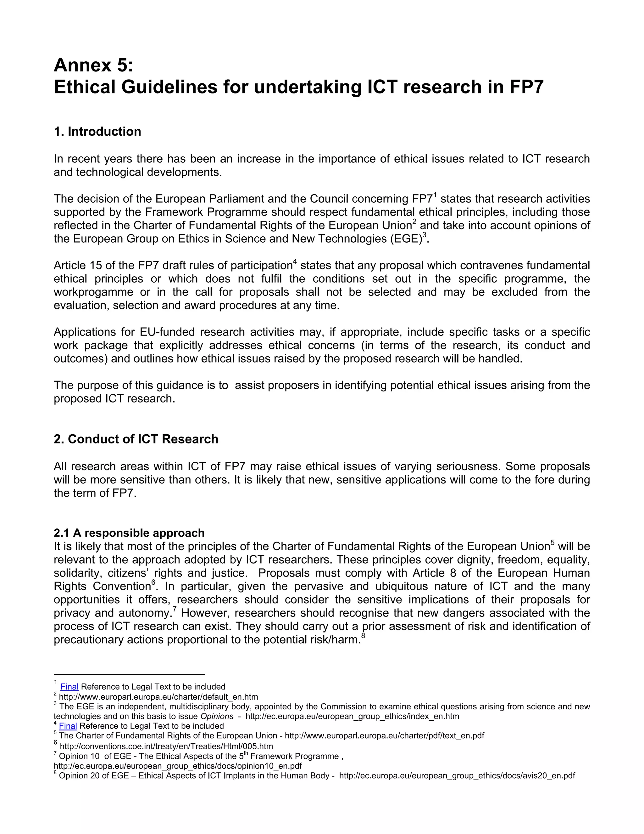 Ethical Guidelines for undertaking ICT research in FP7 | PDF
