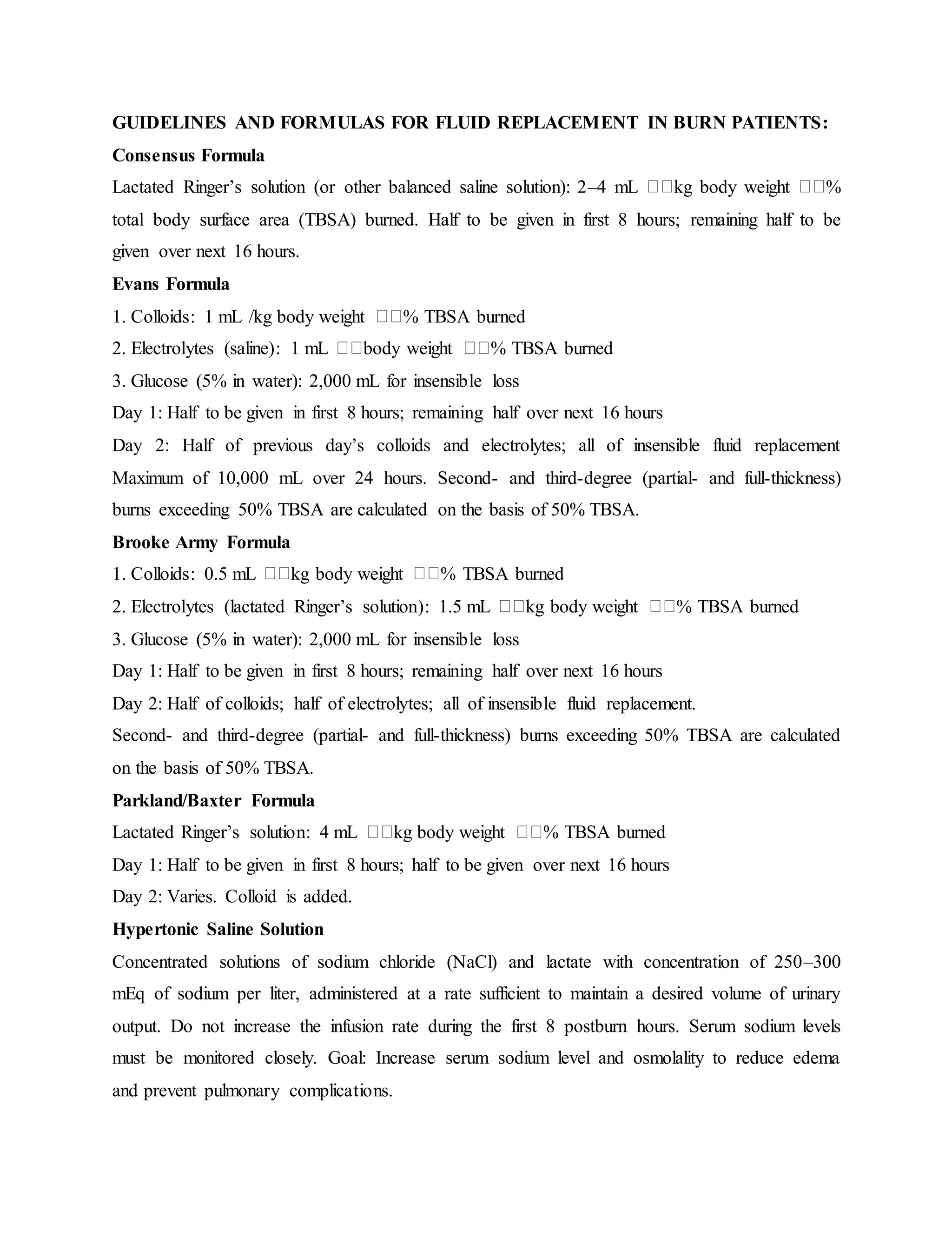 Guidelines and formulas for fluid replacement in burn patients | DOCX