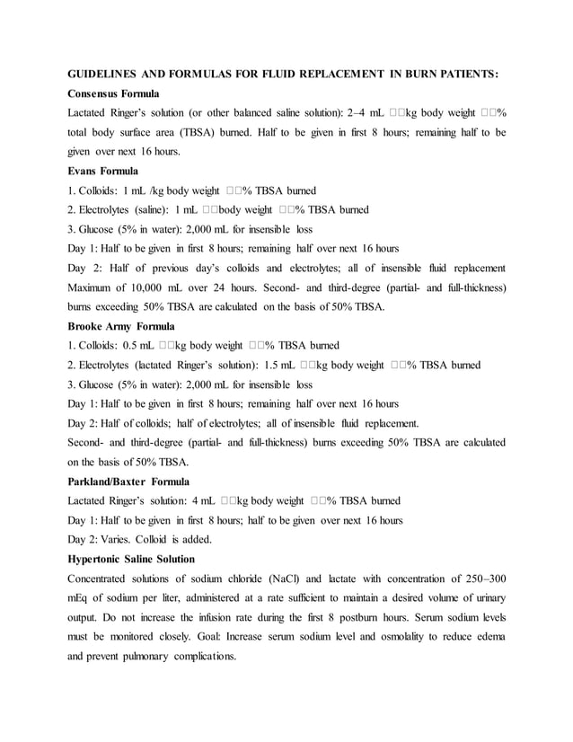 Guidelines and formulas for fluid replacement in burn patients | DOCX ...