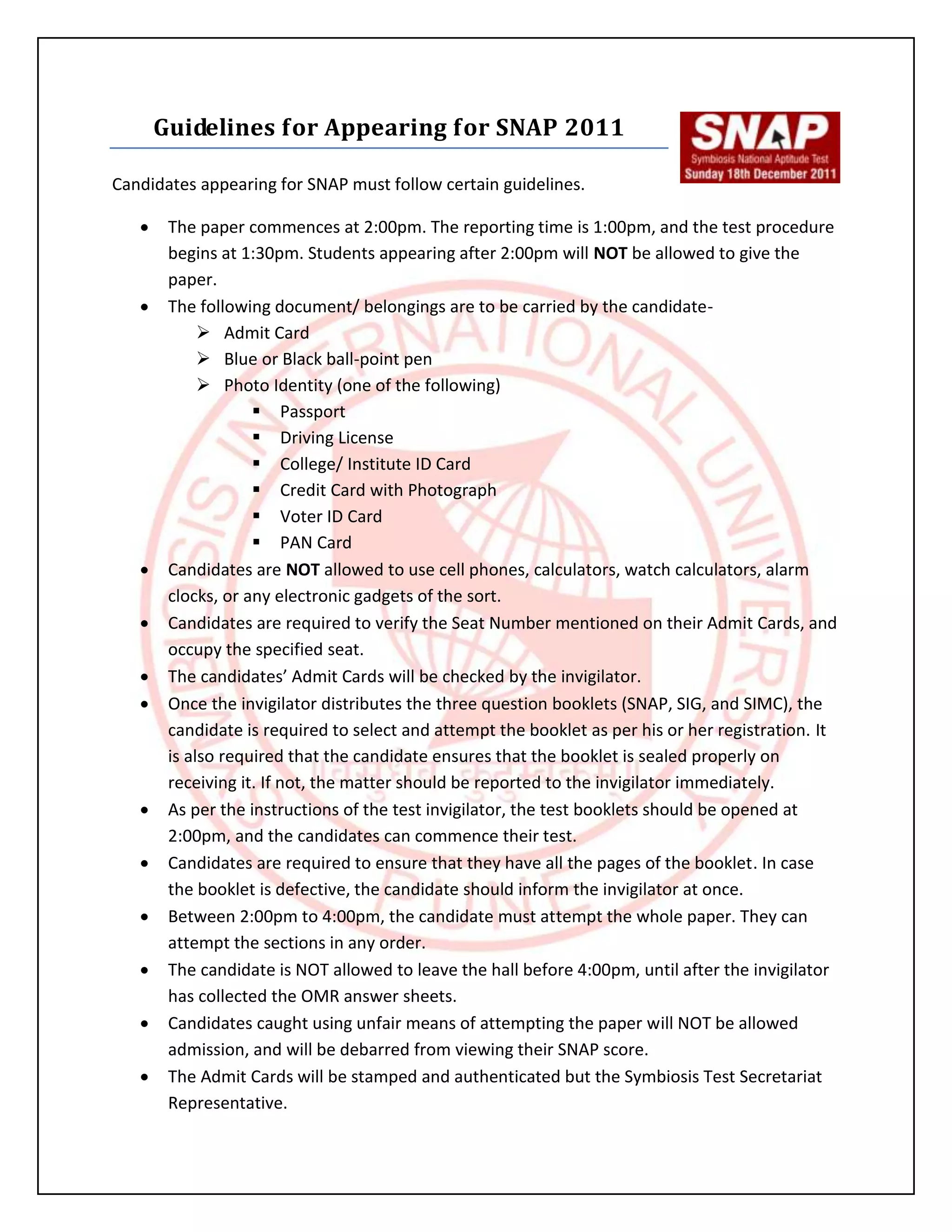 Guidelines for appearing for SNAP | PDF