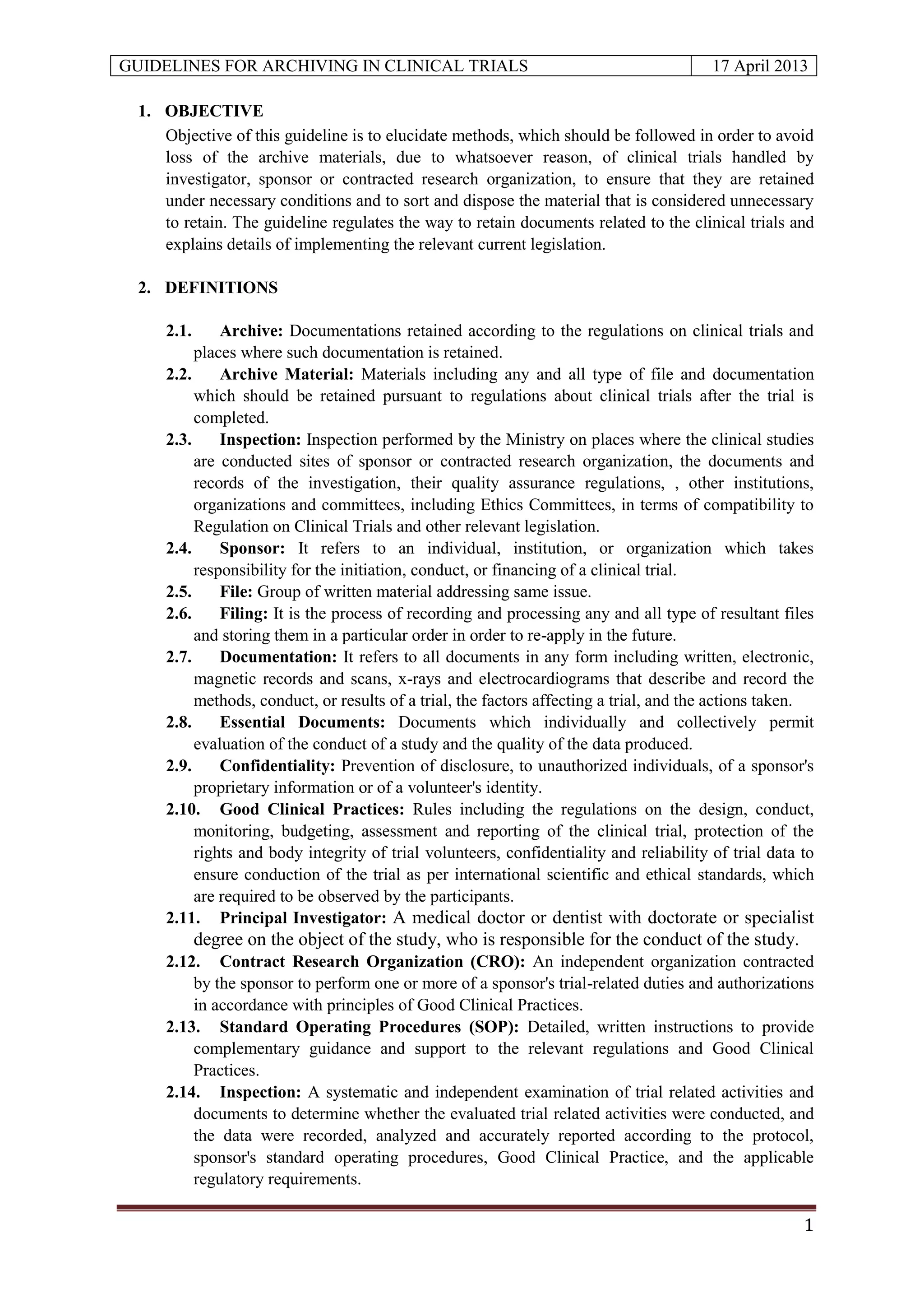 Guidelines for archiving in clinical trials published by Turkish ...