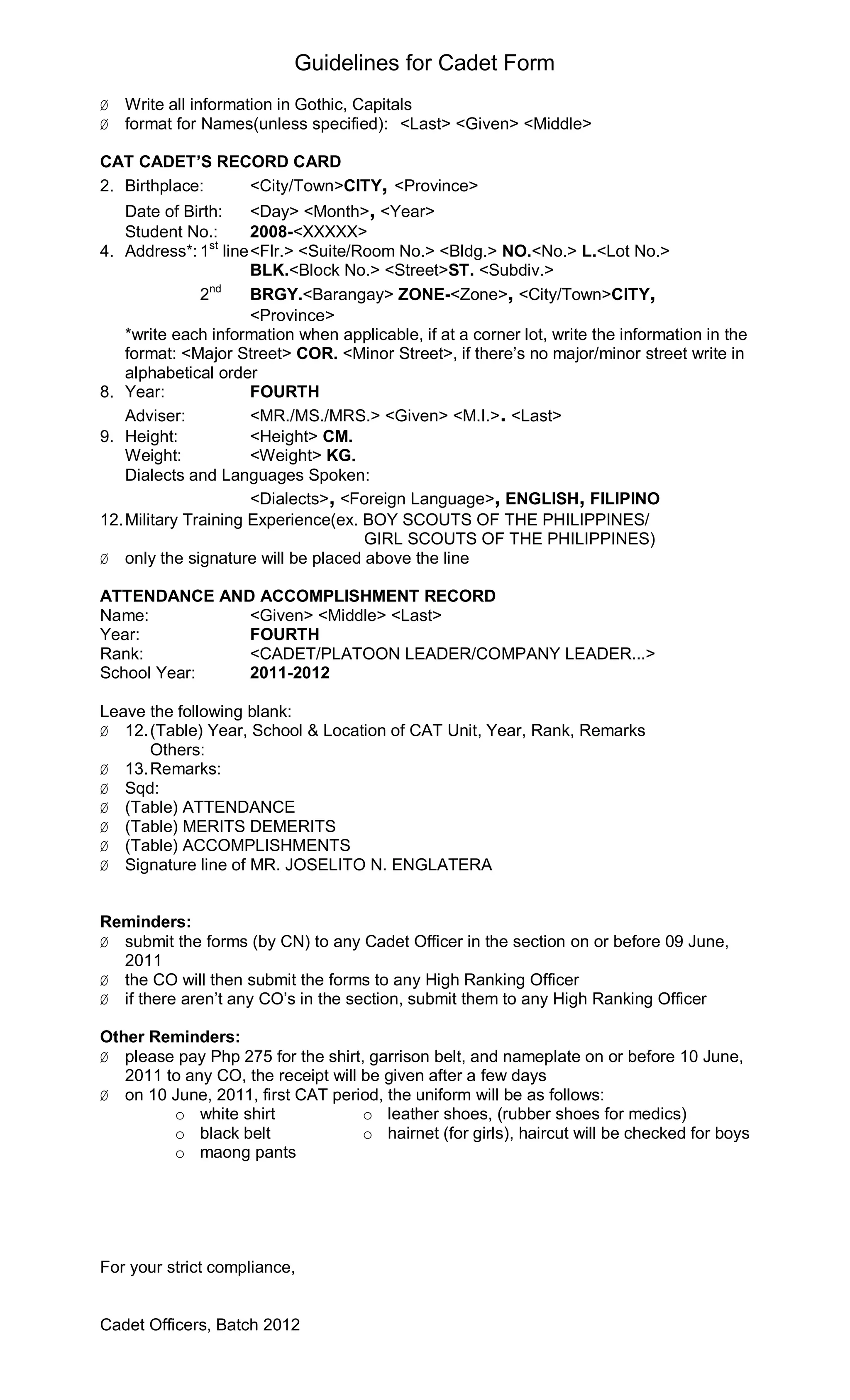 Guidelines for cadet form | PDF
