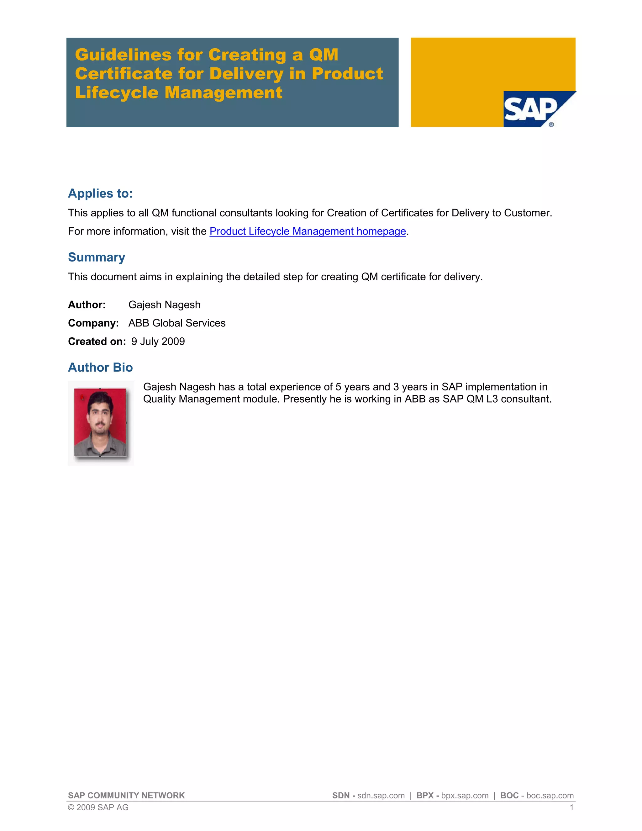 Guidelines for creating a qm certificate for delivery in product ...