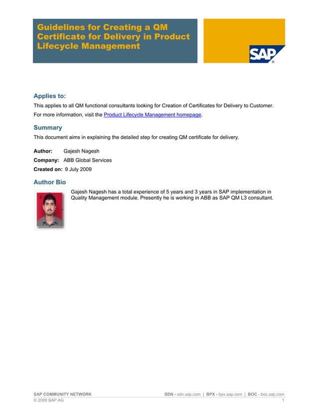 Guidelines for creating a qm certificate for delivery in product ...