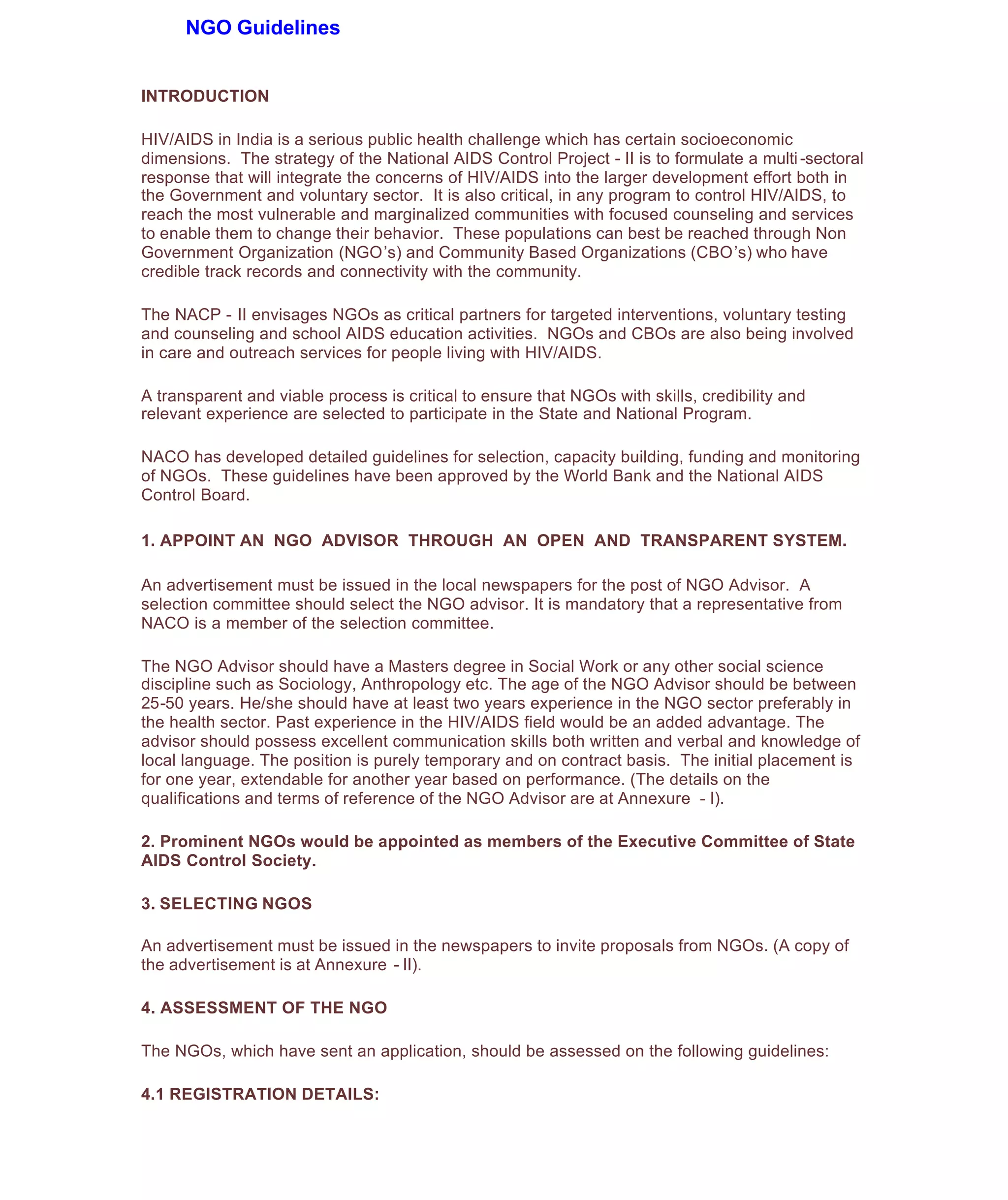 GUIDELINES FOR NGOS UNDER NATIONAL AIDS CONTROL SOCIETY SCHEME | PDF