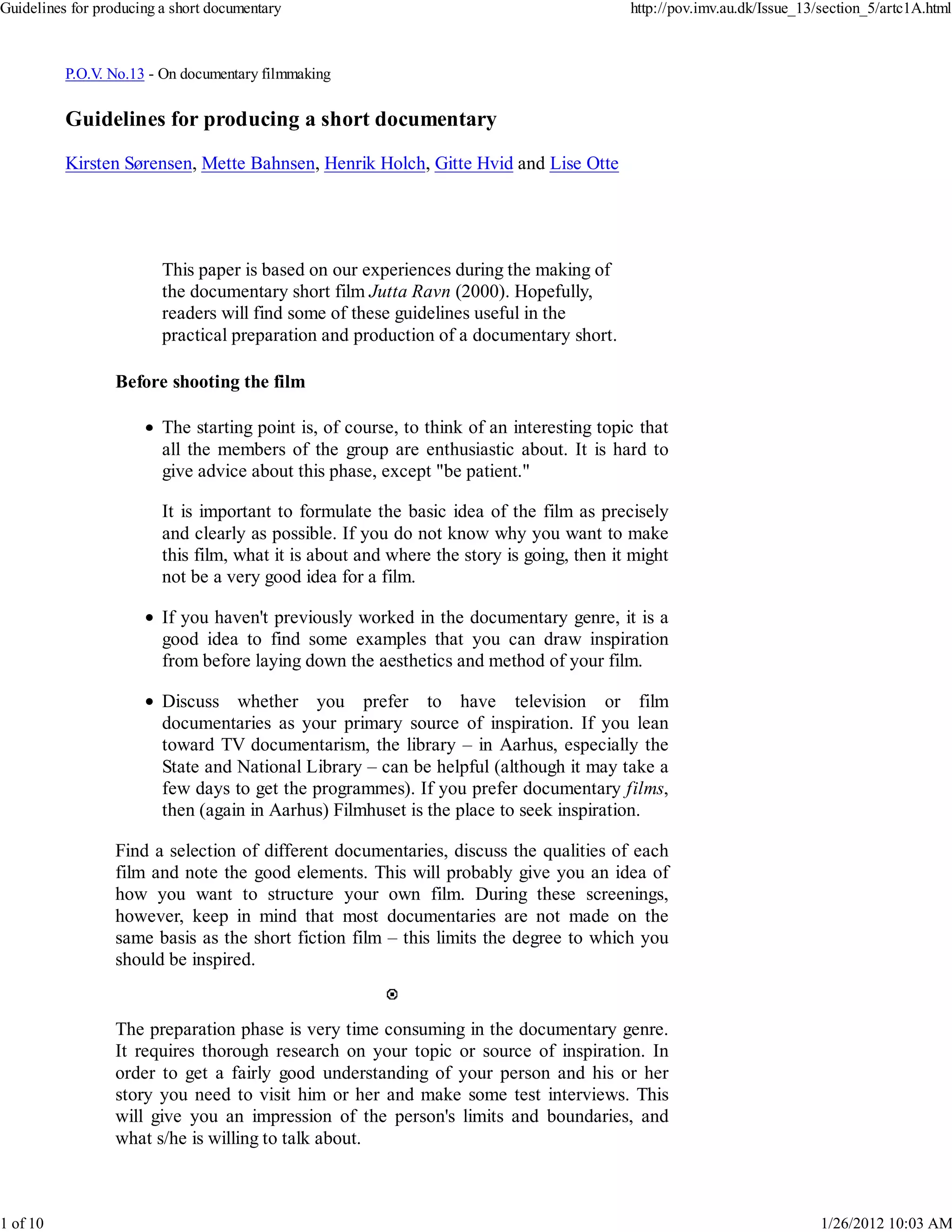 Guidelines for producing a short documentary | PDF