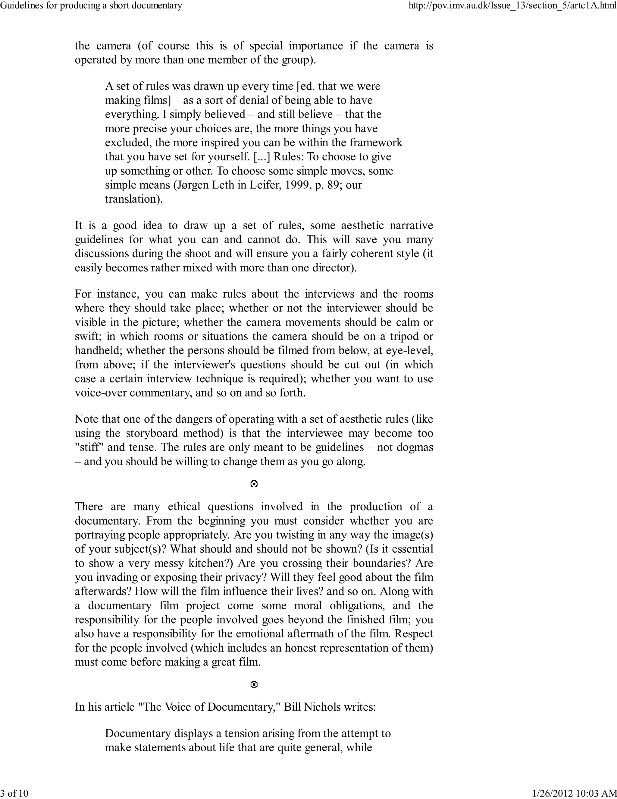 Guidelines for producing a short documentary | PDF