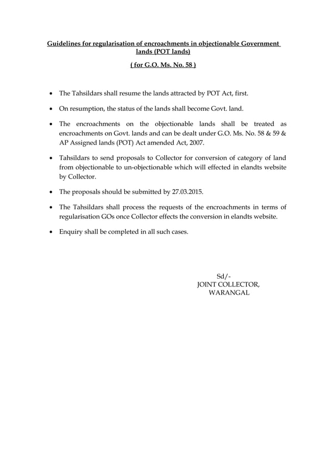 Guidelines for regularisation of encroachments in objectionable government lands | DOC
