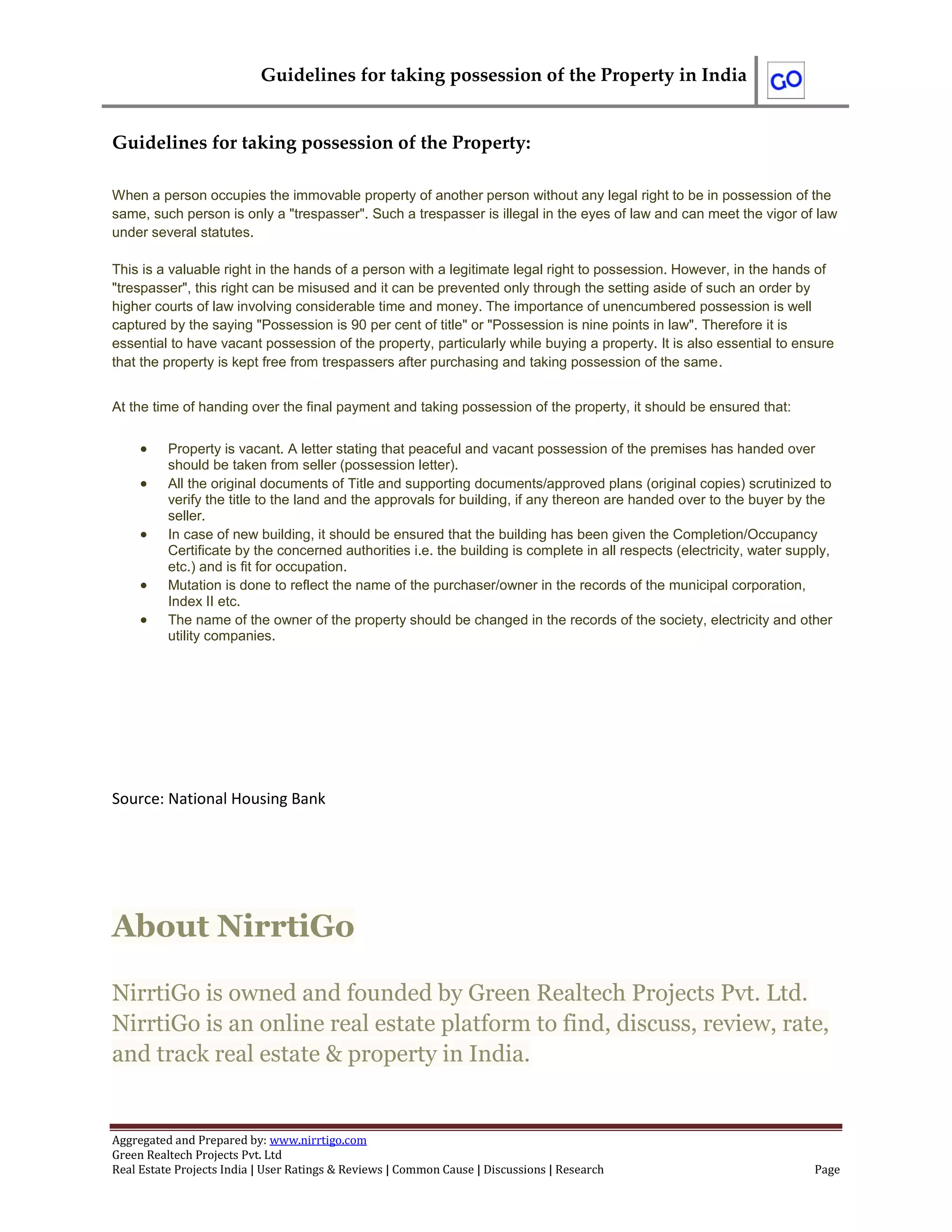 Guidelines for taking possession of the property in india | PDF