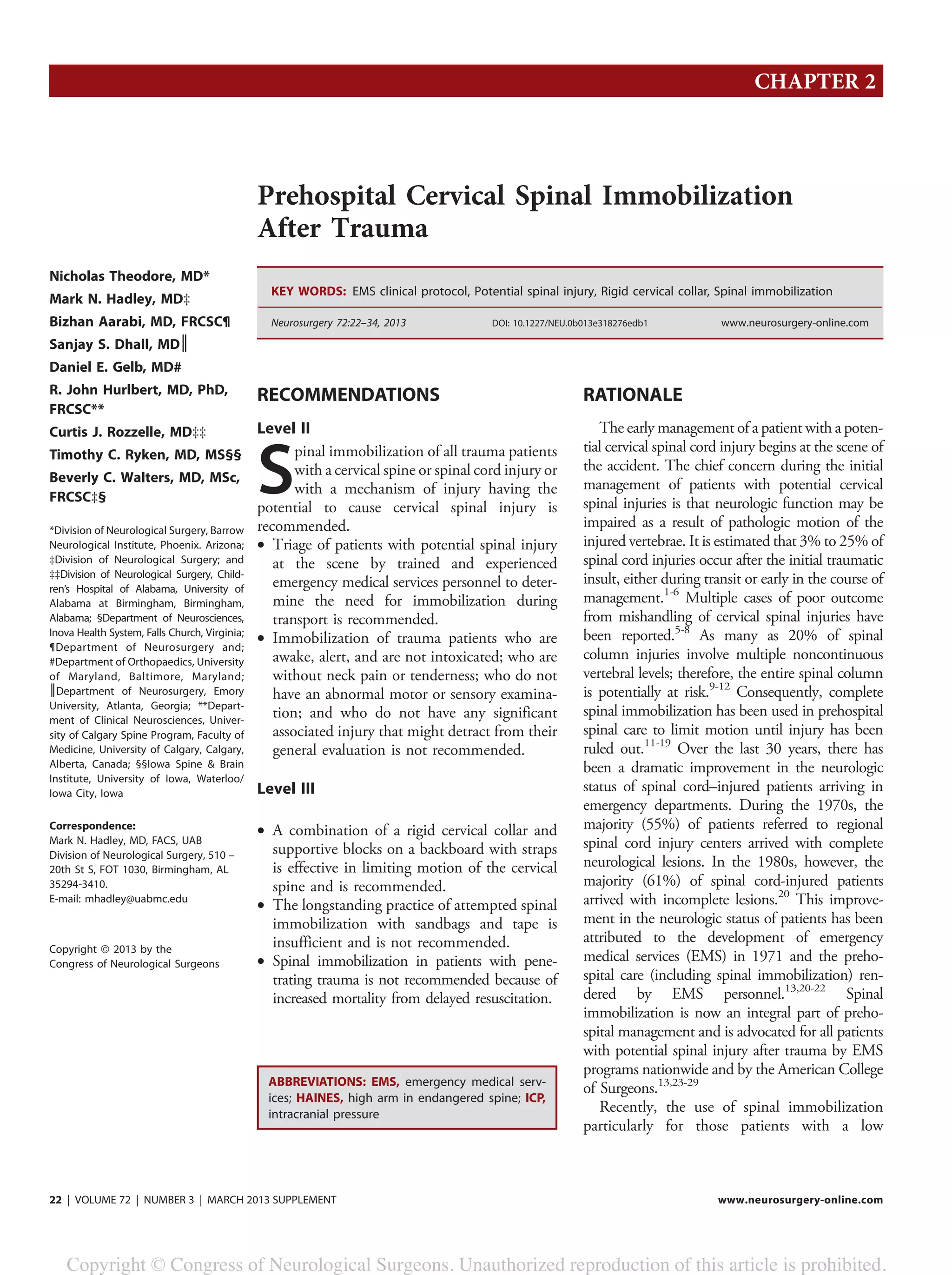 Guidelines for the management of acute cervical spine and spinal cord ...