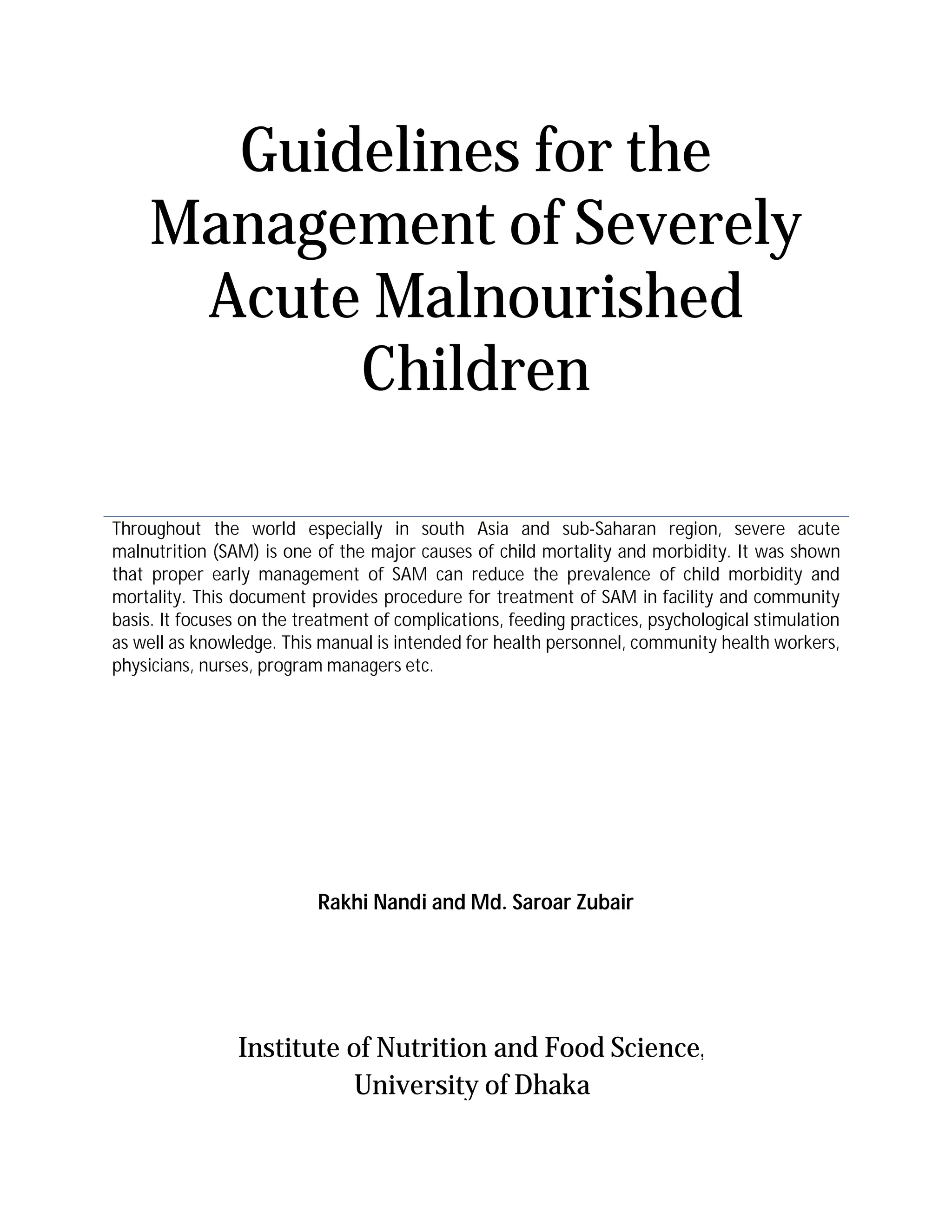 Guidelines for the management of severely acute malnourished children | PDF