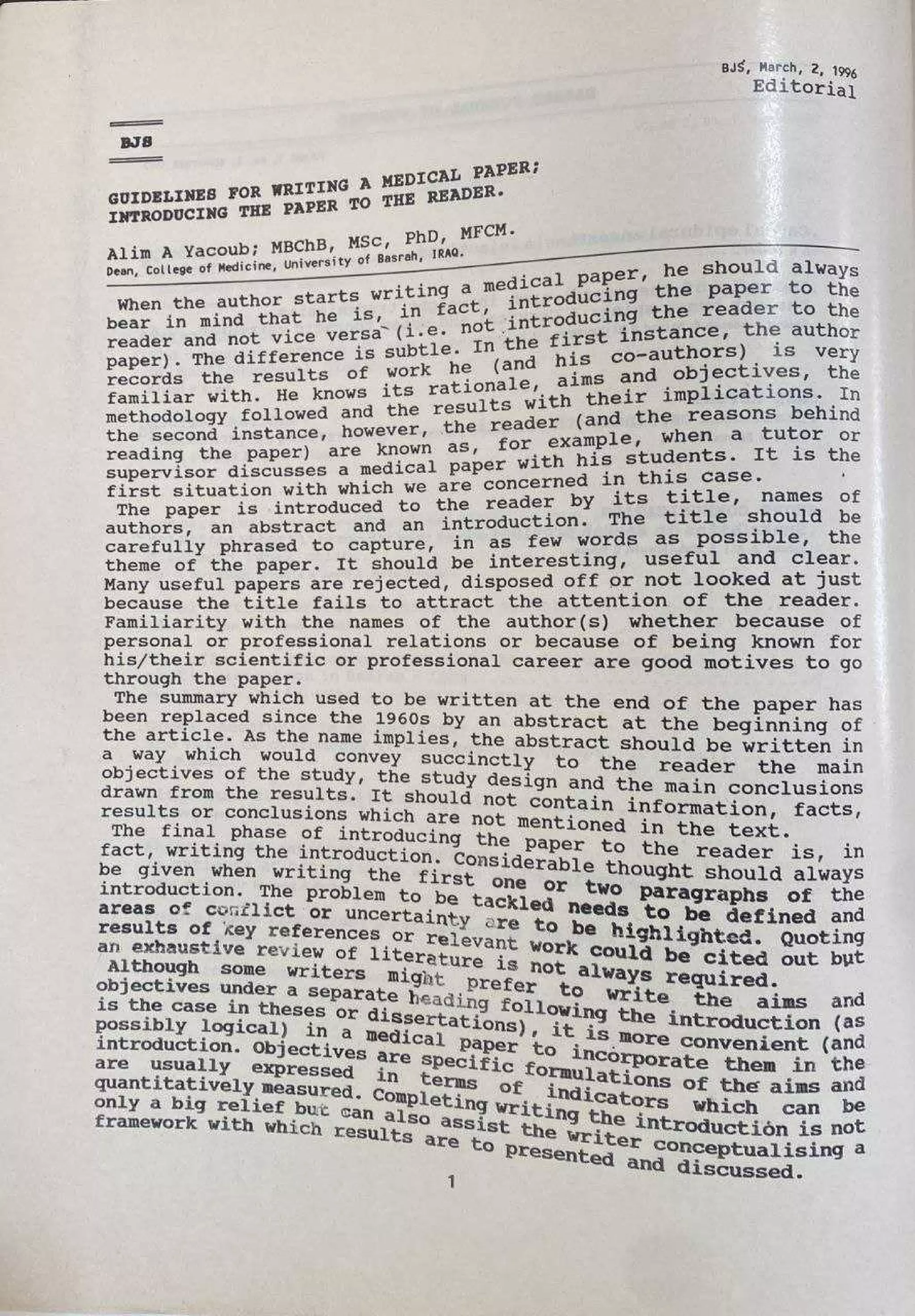 Guidelines for writing a medical paper Introducing the paper to the ...