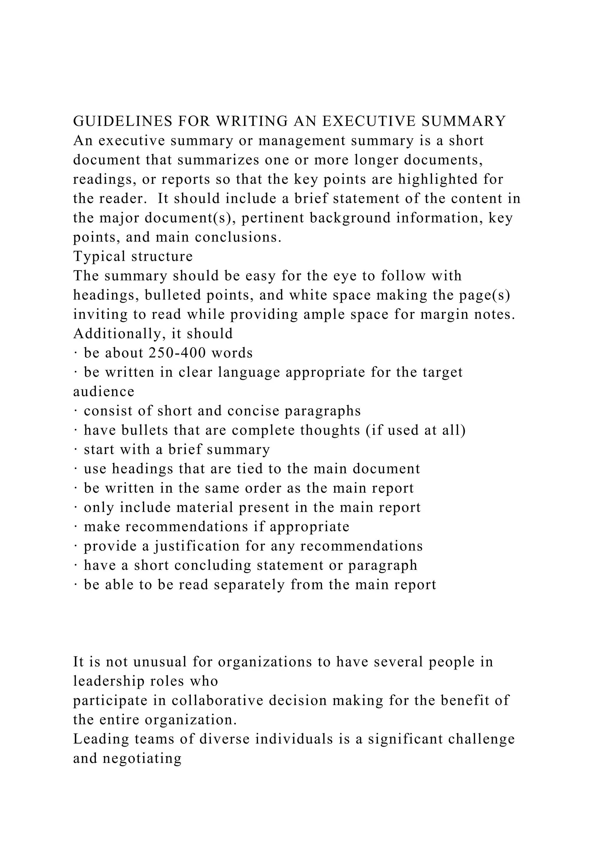 GUIDELINES FOR WRITING AN EXECUTIVE SUMMARYAn executive summary .docx