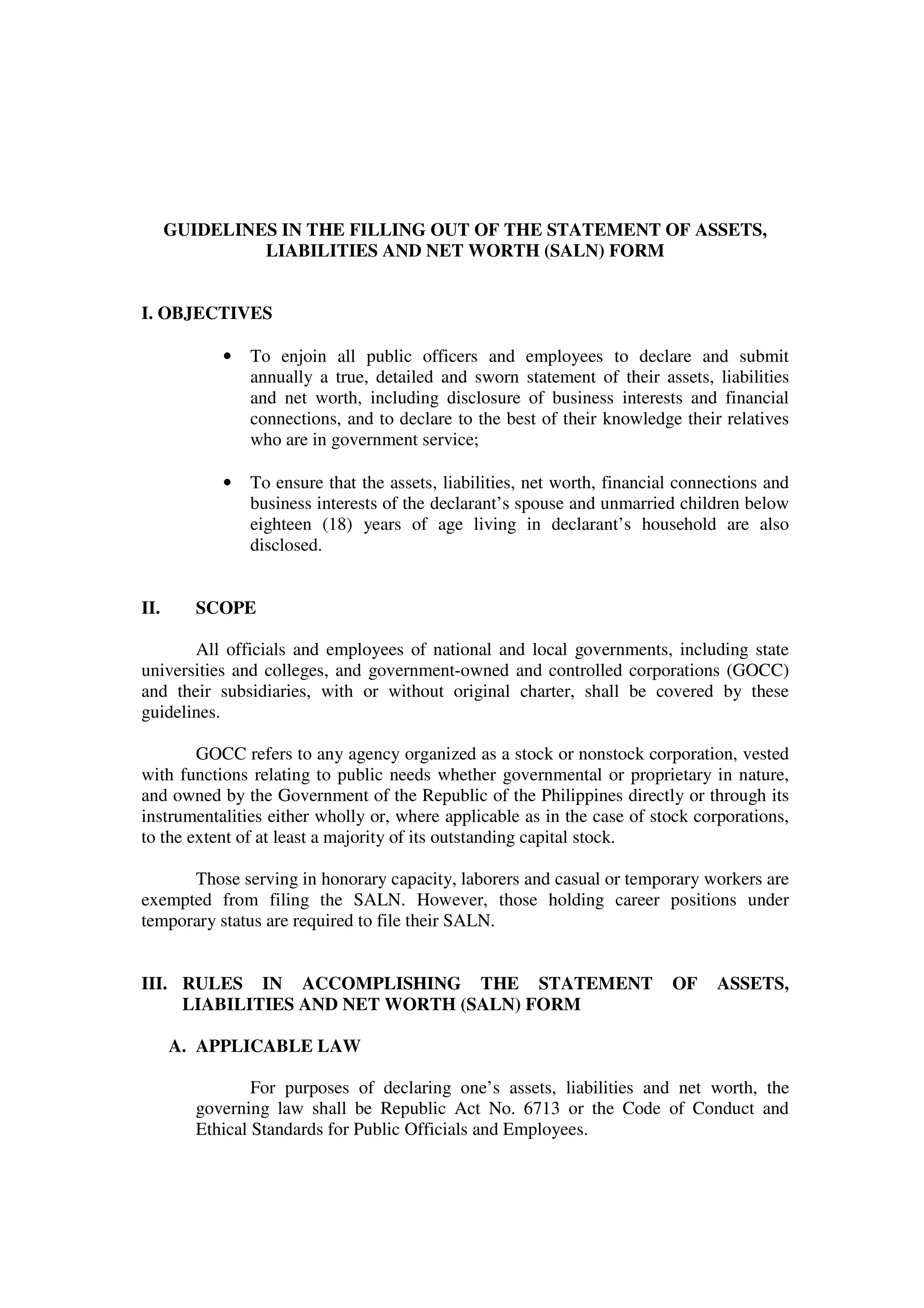 Guidelines in the filling out of the statement of assets, liabilities ...