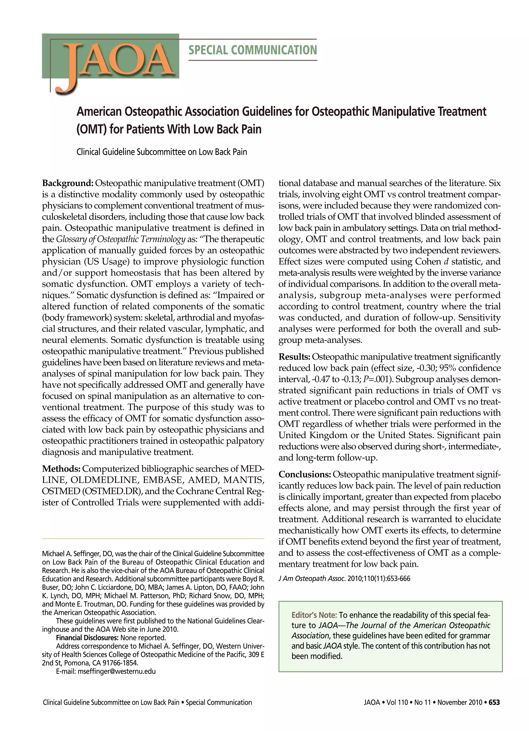 Guidelines lbp osteopathic 2010 | PDF | Bone and Joint Conditions ...