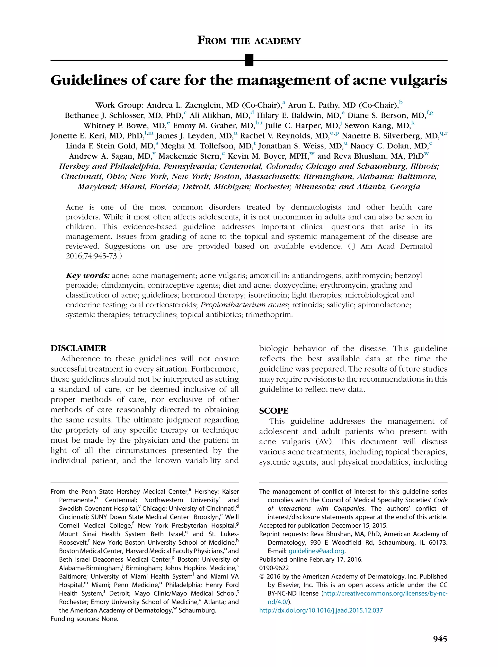 Guidelines of care for the management of acne vulgaris | PDF
