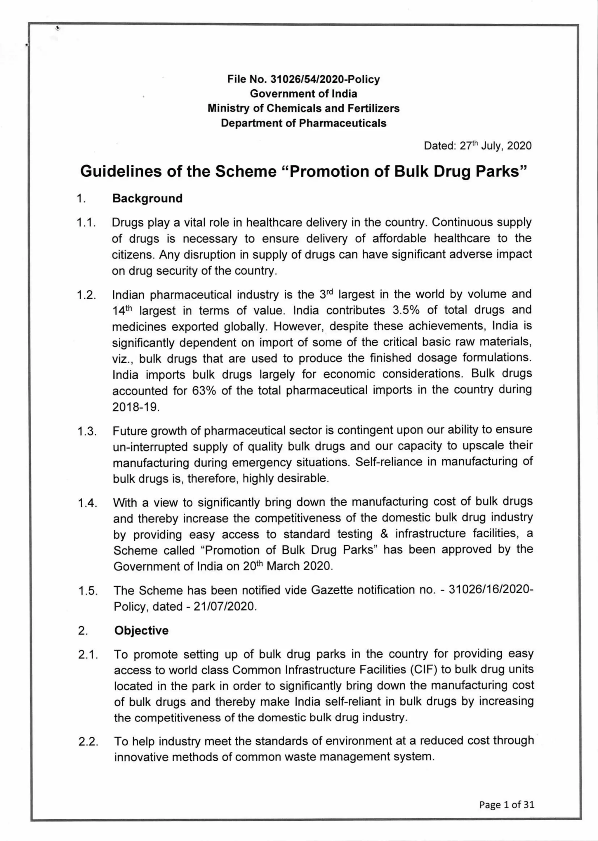 Guidelines of the scheme promotion of bulk drug parks 1 | PDF