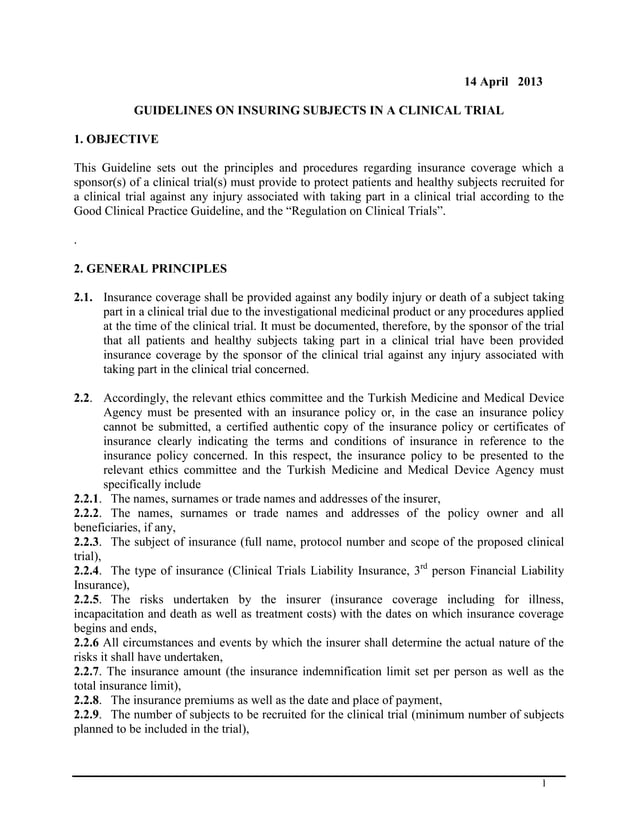 Guidelines on insuring volunteers in a clinical trial, published by ...