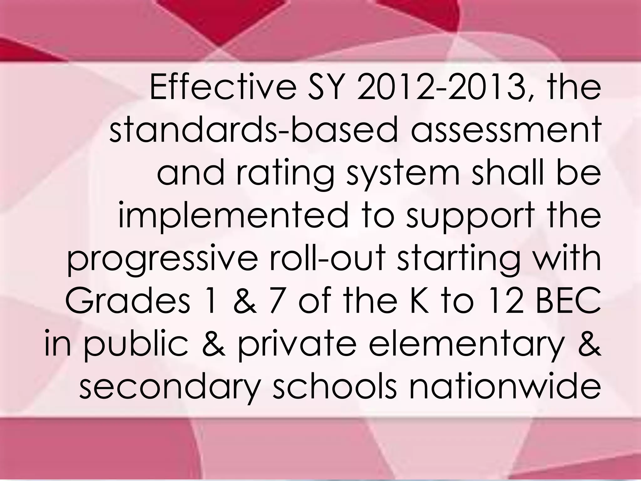 Guidelines on the assessment & rating of learning under the K to 12 ...