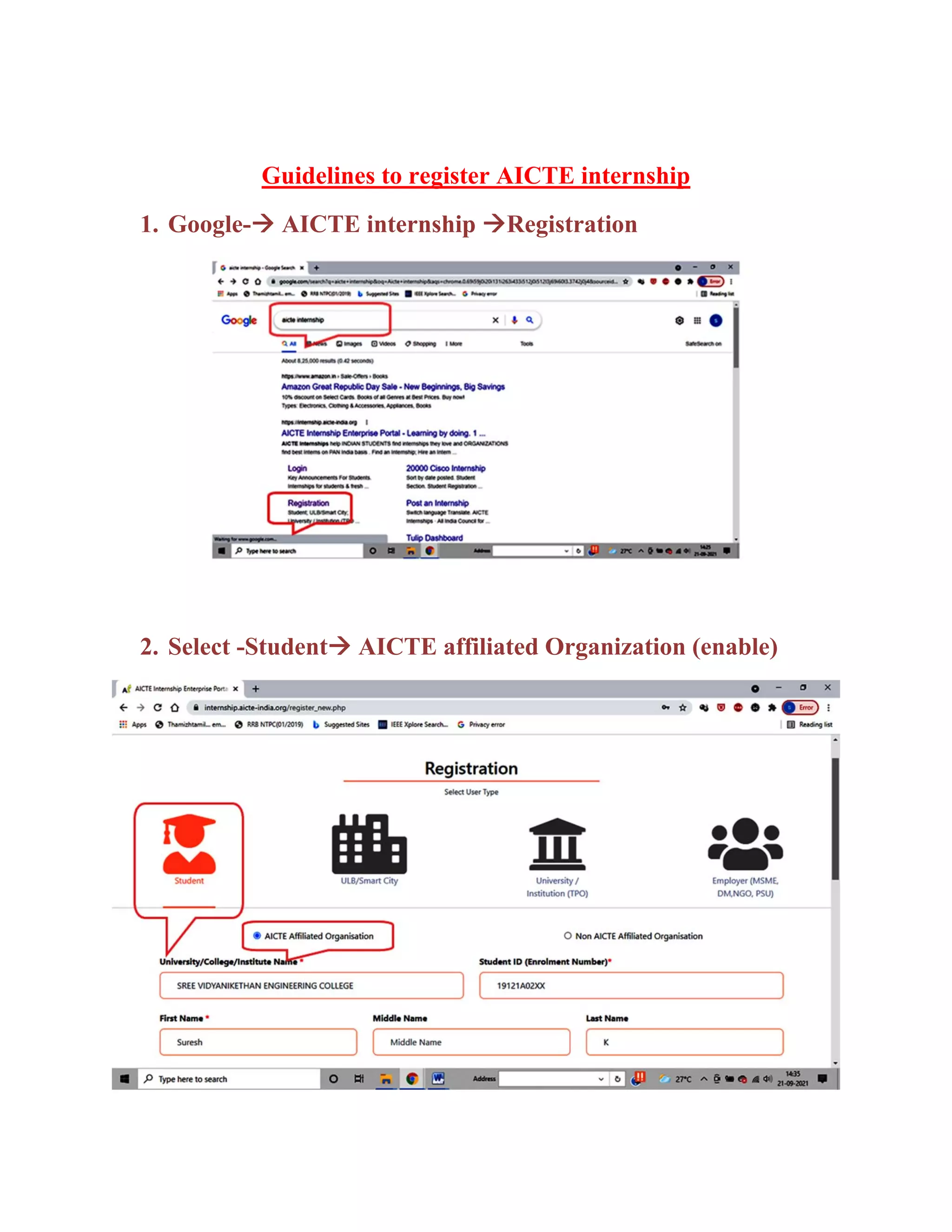 Guidelines to fill register aicte internship | PDF