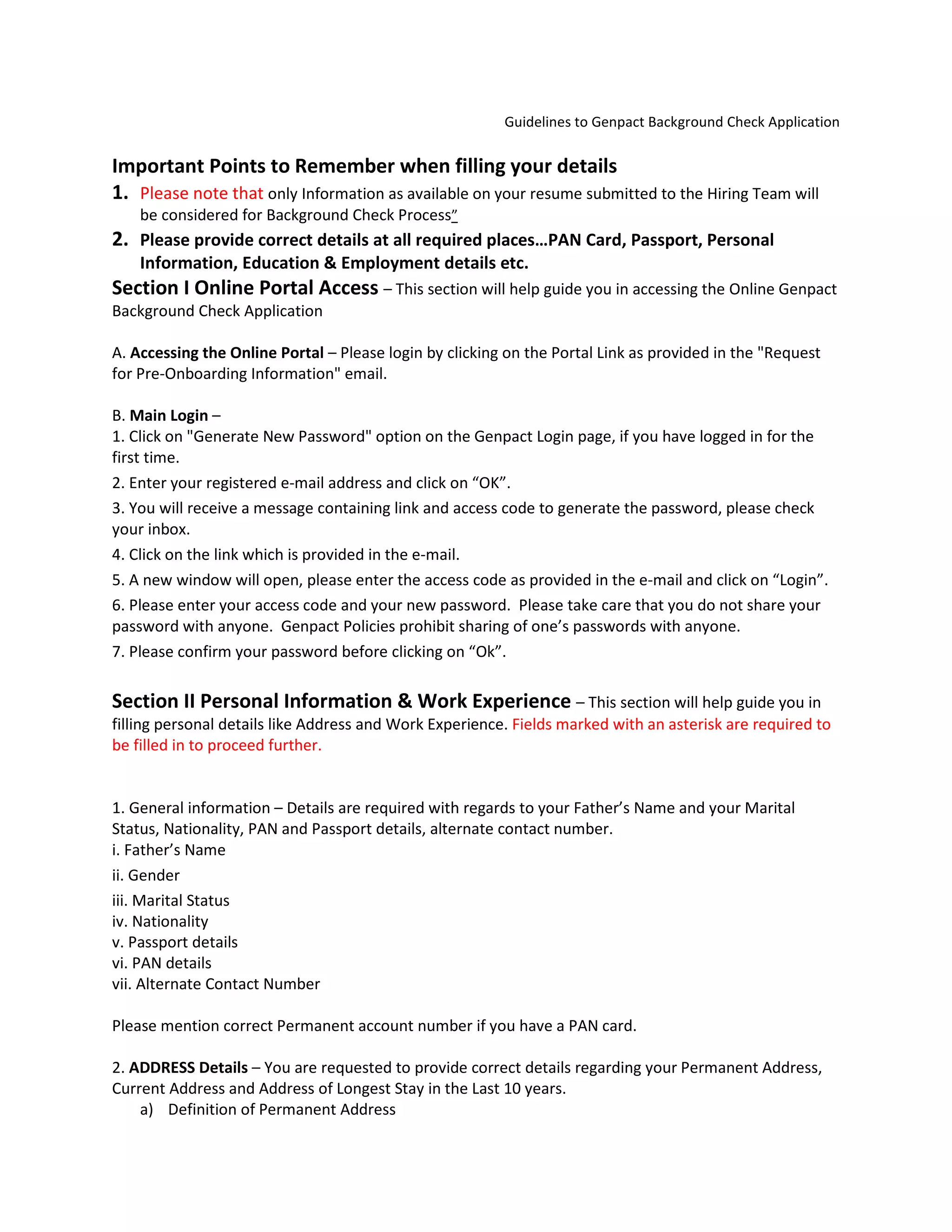 Guidelines to fill genpact onboarding application | PDF